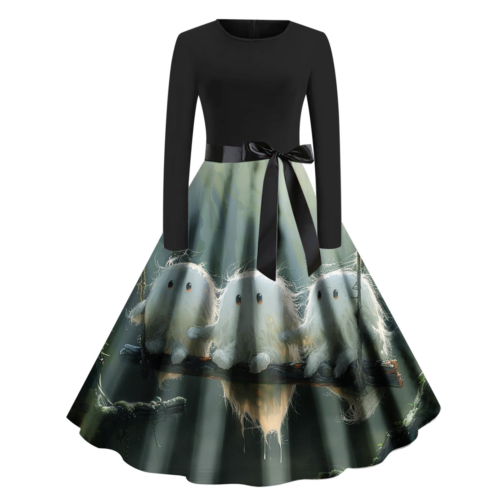 Halloween Dress for Women Long Sleeve Belted A-Line Party Dress Vintage ...