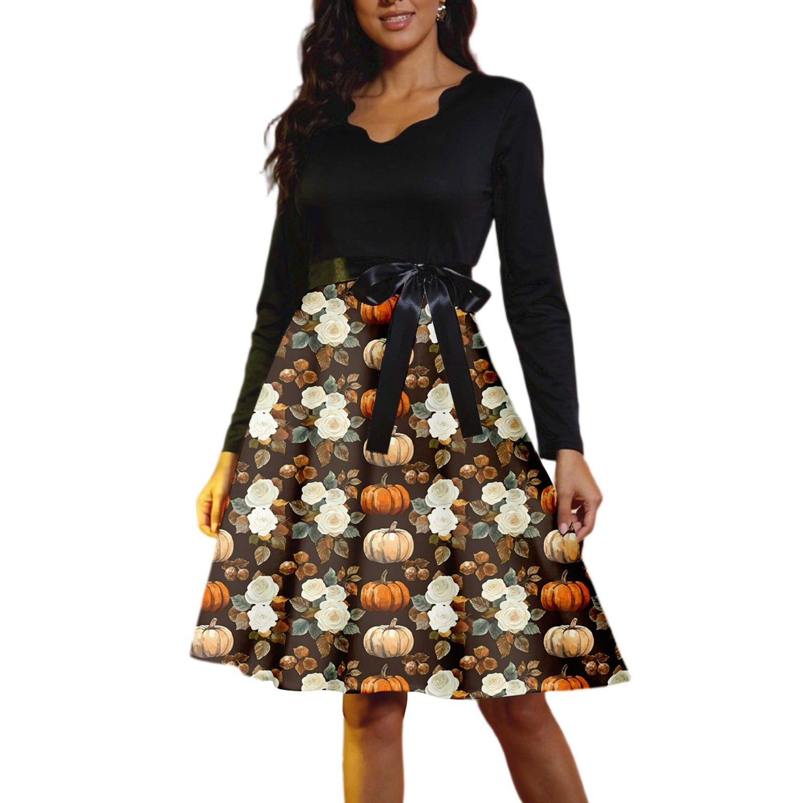Halloween Dresses for Women Long Sleeve Pumpkin Print A Line V Neck ...