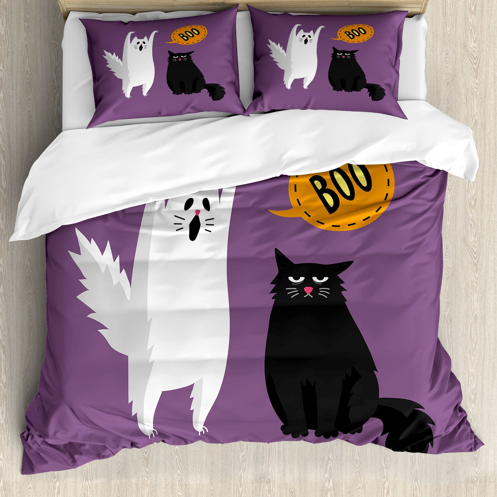 Halloween Duvet Cover Set, Funny Scene of Ghost White Cat Says Boo to ...
