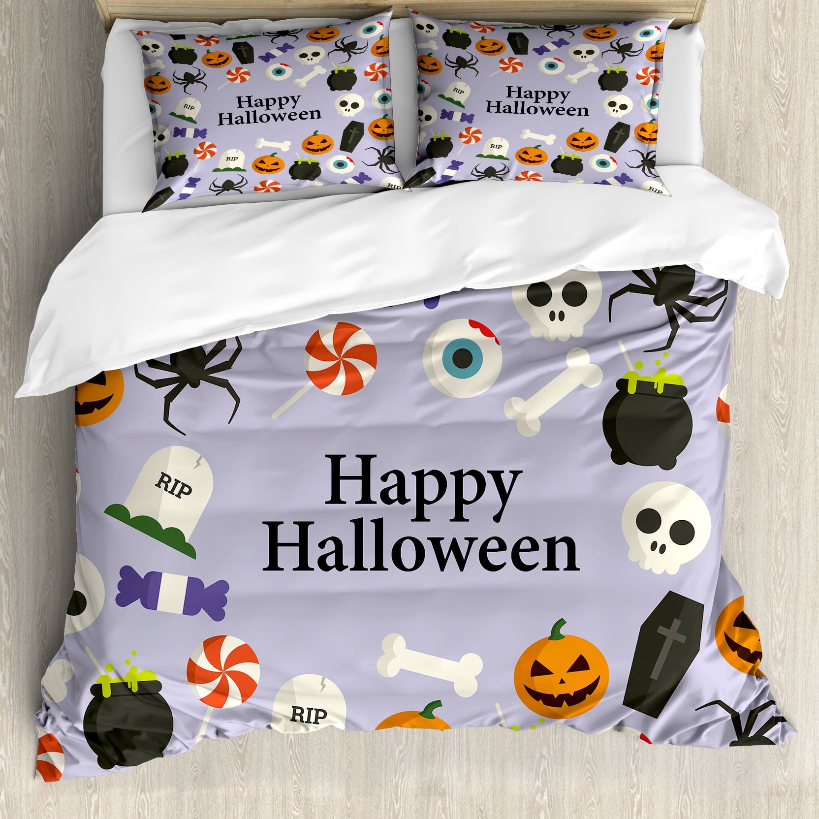 Halloween Duvet Cover Set, Happy Halloween Lettering with Scary Symbols ...