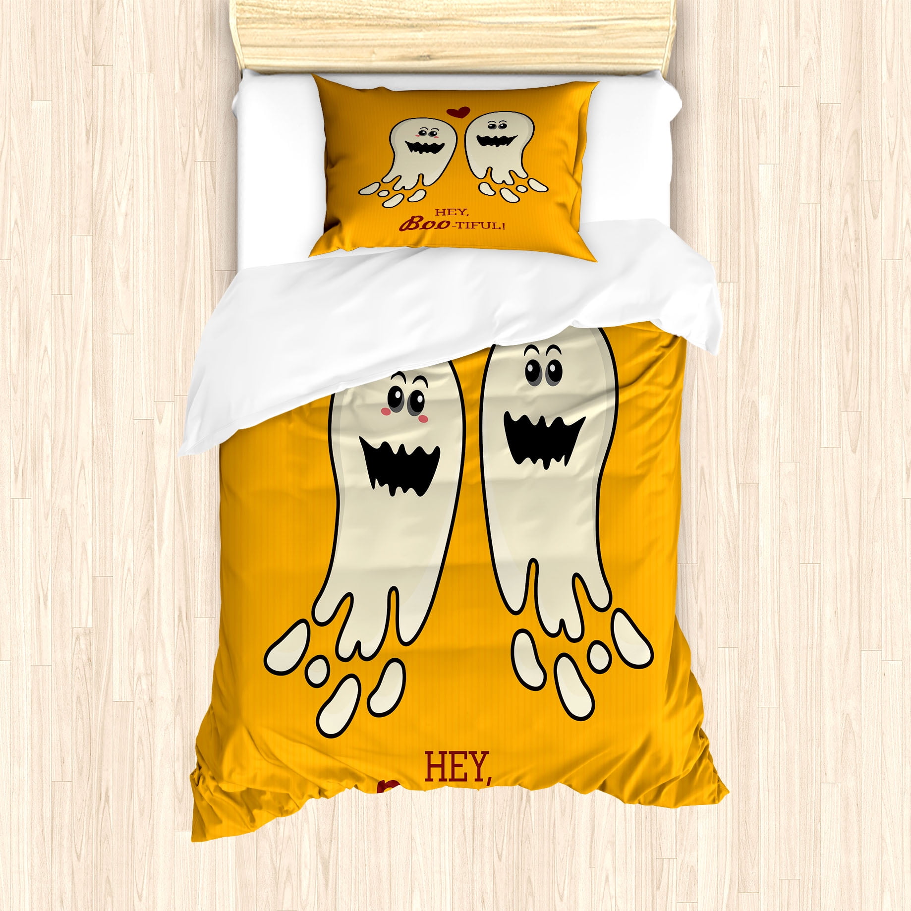 Halloween Duvet Cover Set, Hey Boo-tiful Text and Funny Spooky Ghosts ...