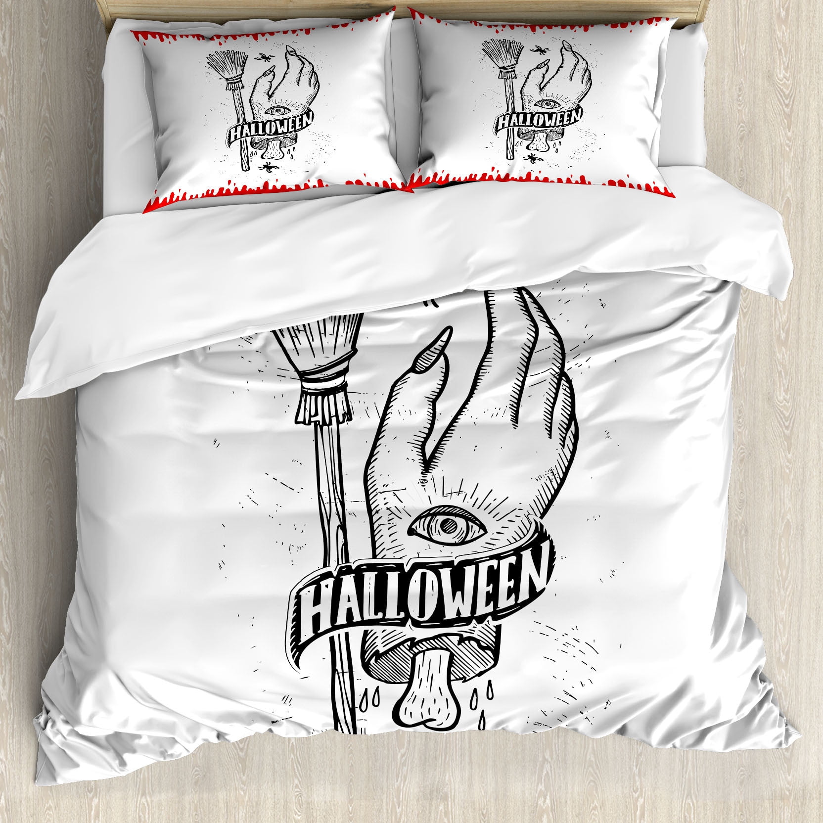 Halloween Duvet Cover Set, Monochrome Sketch Witch Hand with Eye ...