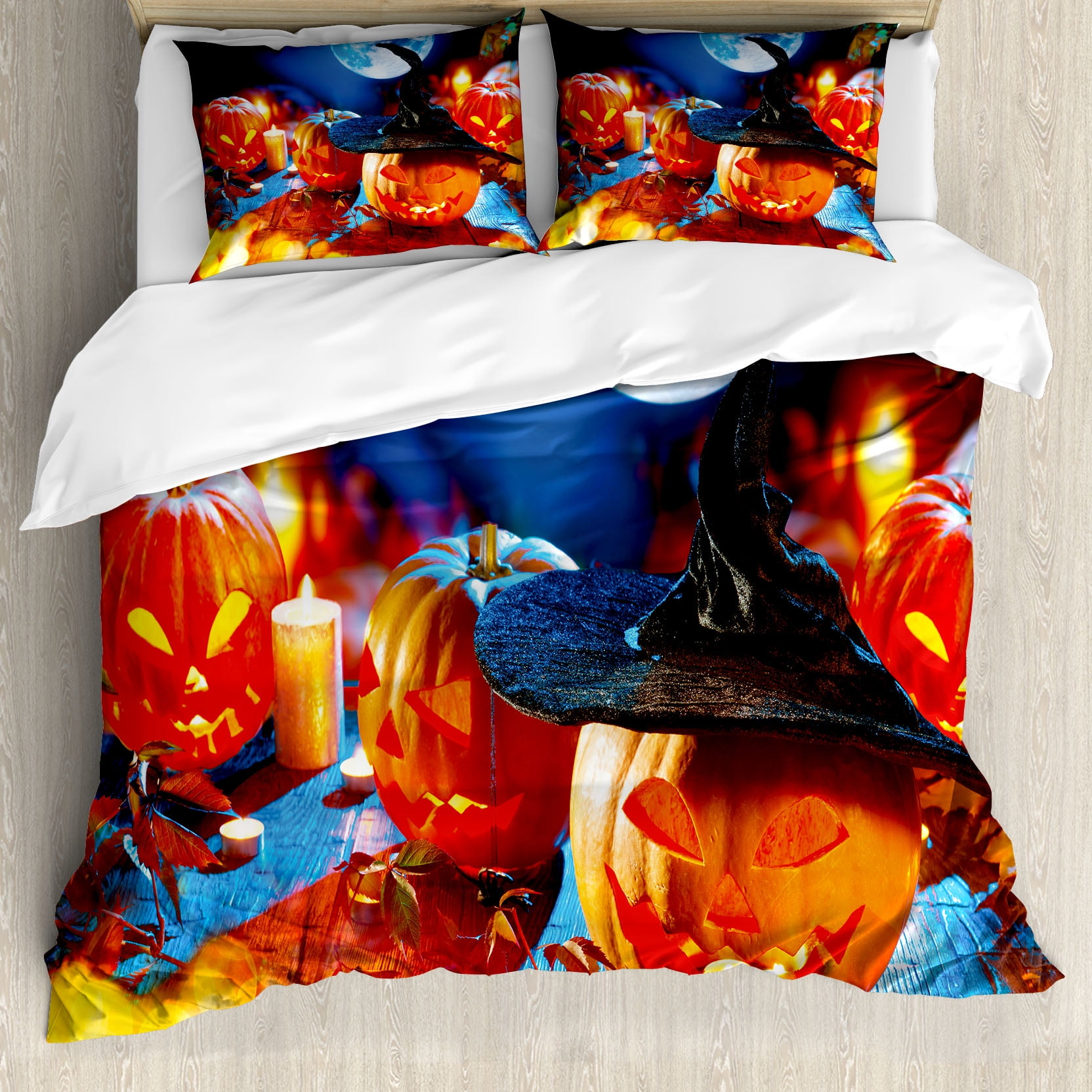 Halloween Duvet Cover Set, Photo of Scary Pumpkins and Candles at Night ...