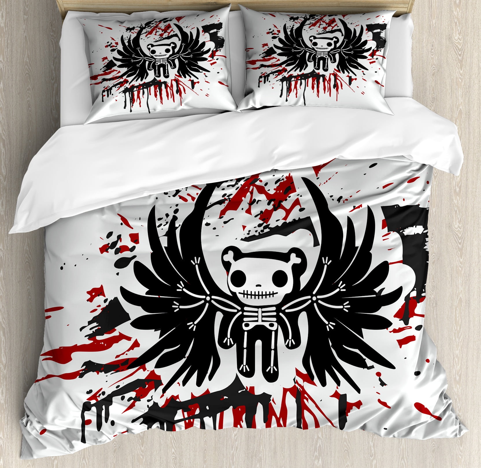 Halloween Duvet Cover Set, Teddy Bones with Skull Face and Wings Dead ...
