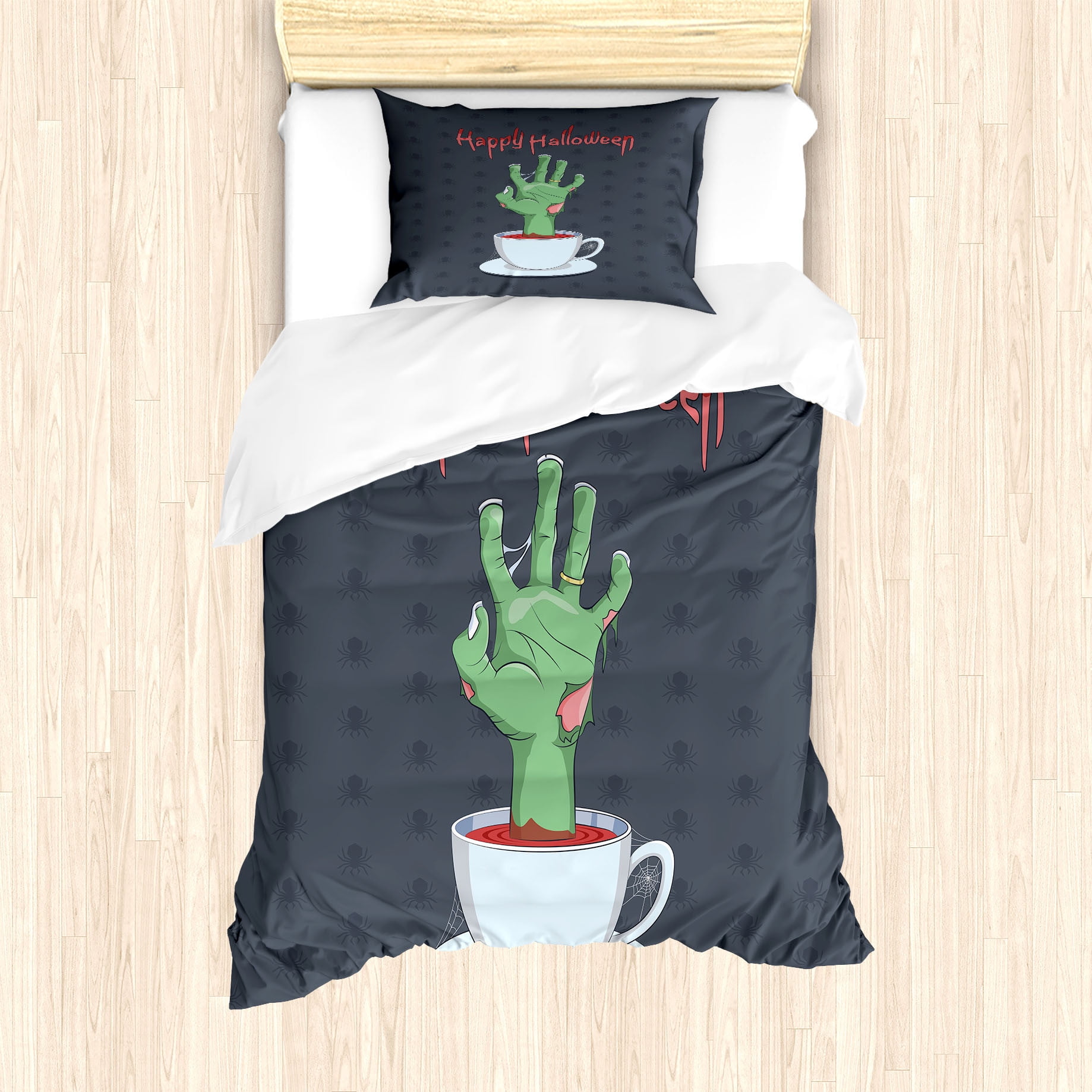 Halloween Duvet Cover Set, Zombie Hand in a Bloody Tea Cup with Happy ...