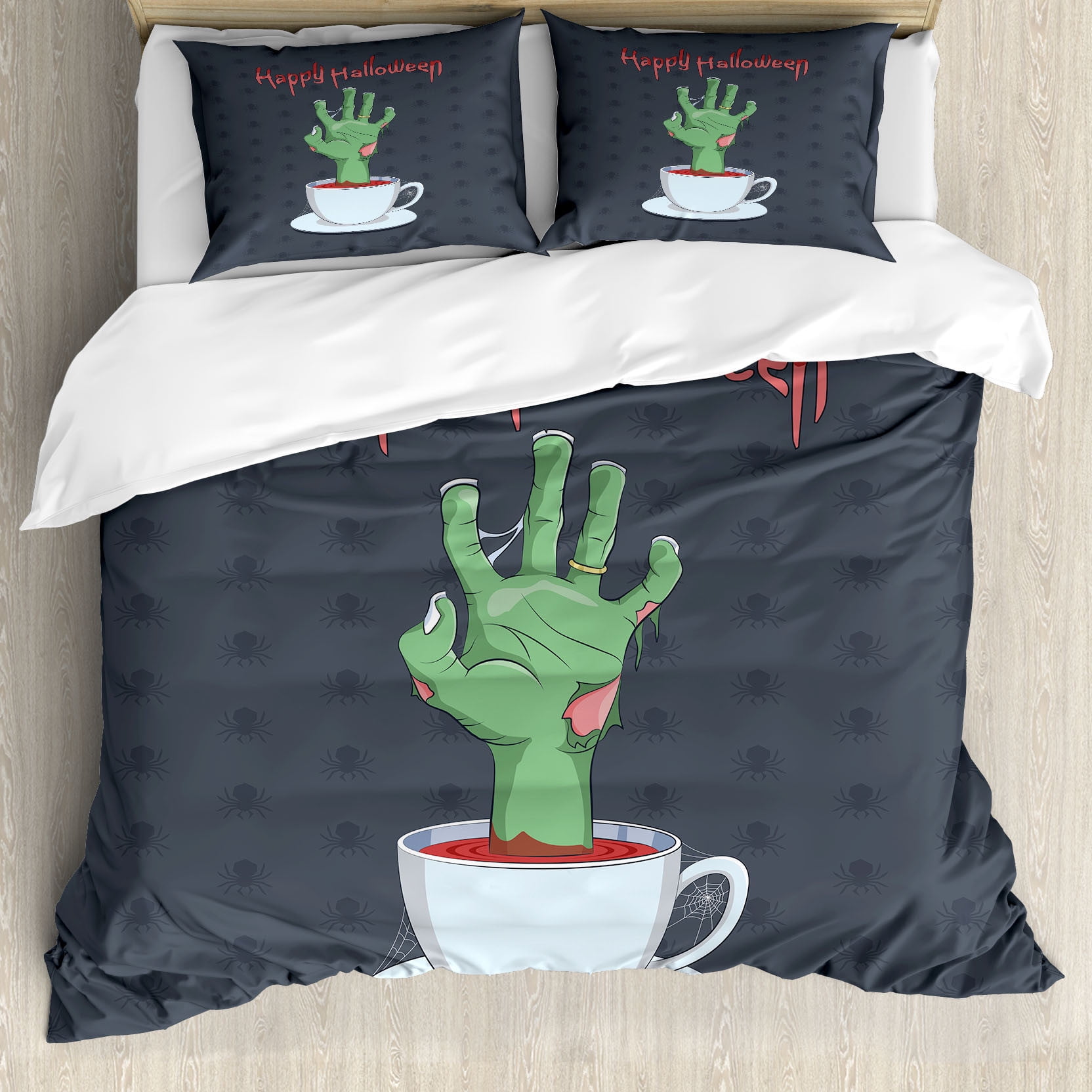 Halloween Duvet Cover Set, Zombie Hand in a Bloody Tea Cup with Happy ...