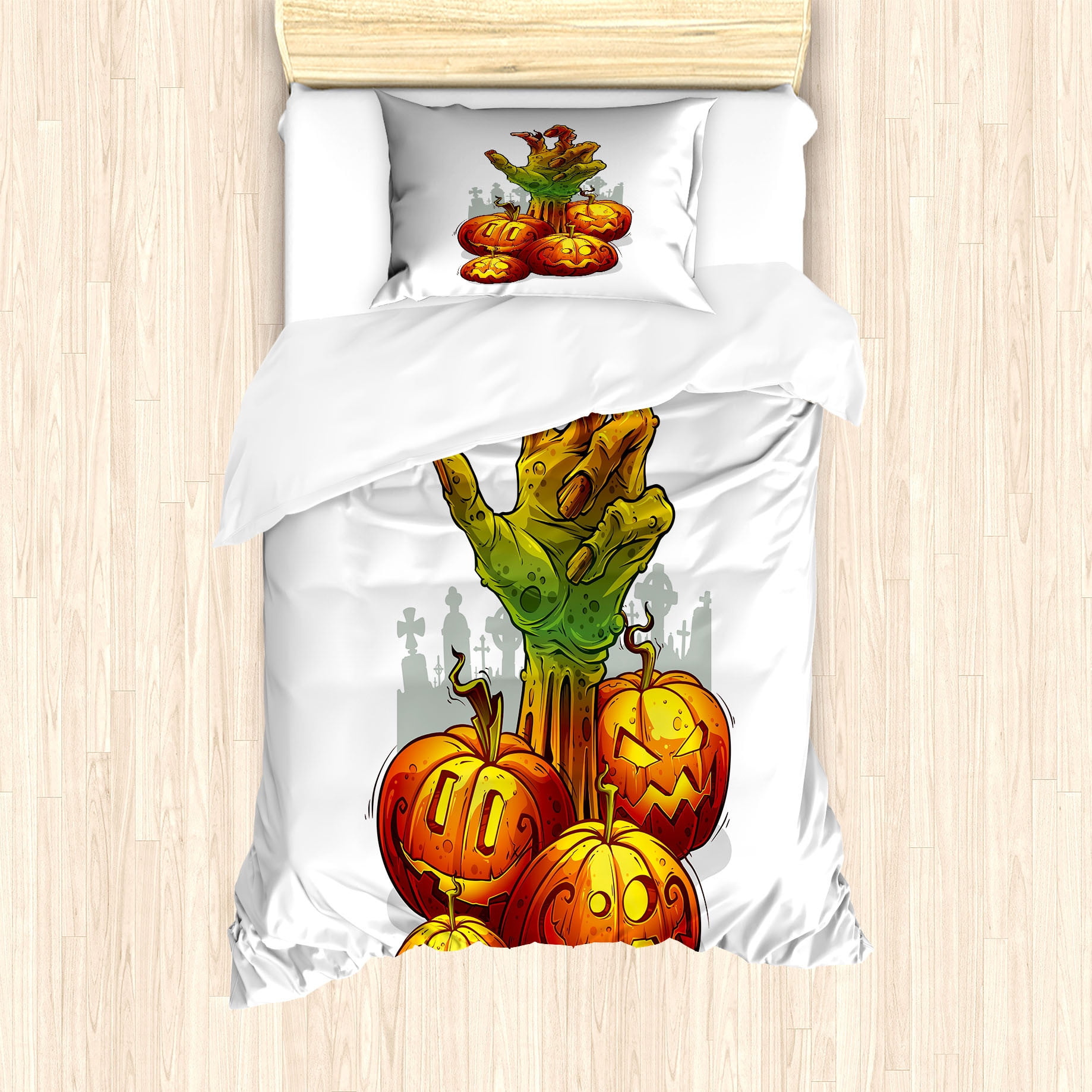 Halloween Duvet Cover Set, Zombie Hand in Spooky Pumpkins on Cemetery ...