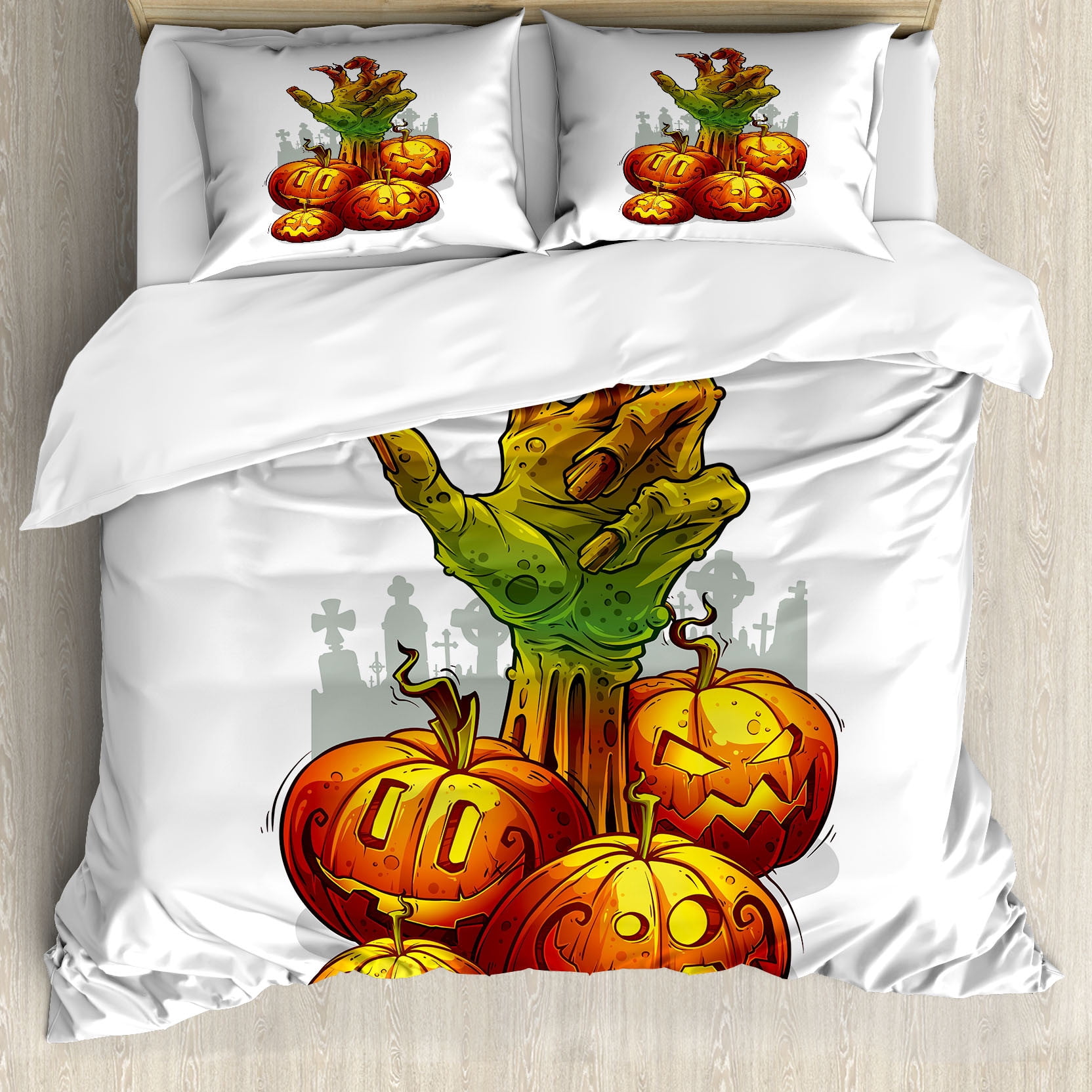 Halloween Duvet Cover Set, Zombie Hand in Spooky Pumpkins on Cemetery ...