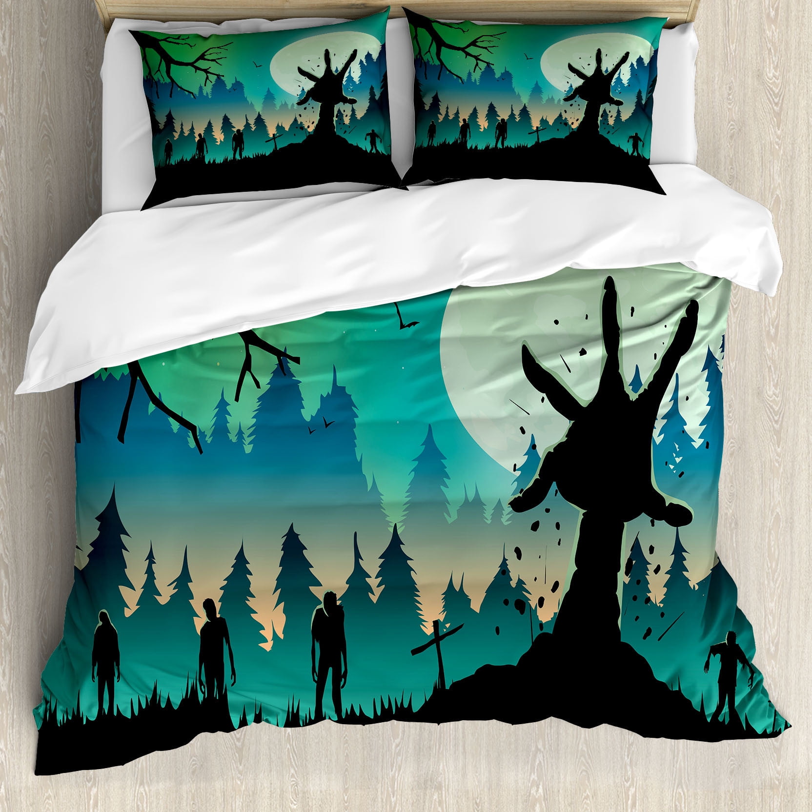 Halloween Duvet Cover Set, Zombie Silhouettes and an Arm in Idyllic ...