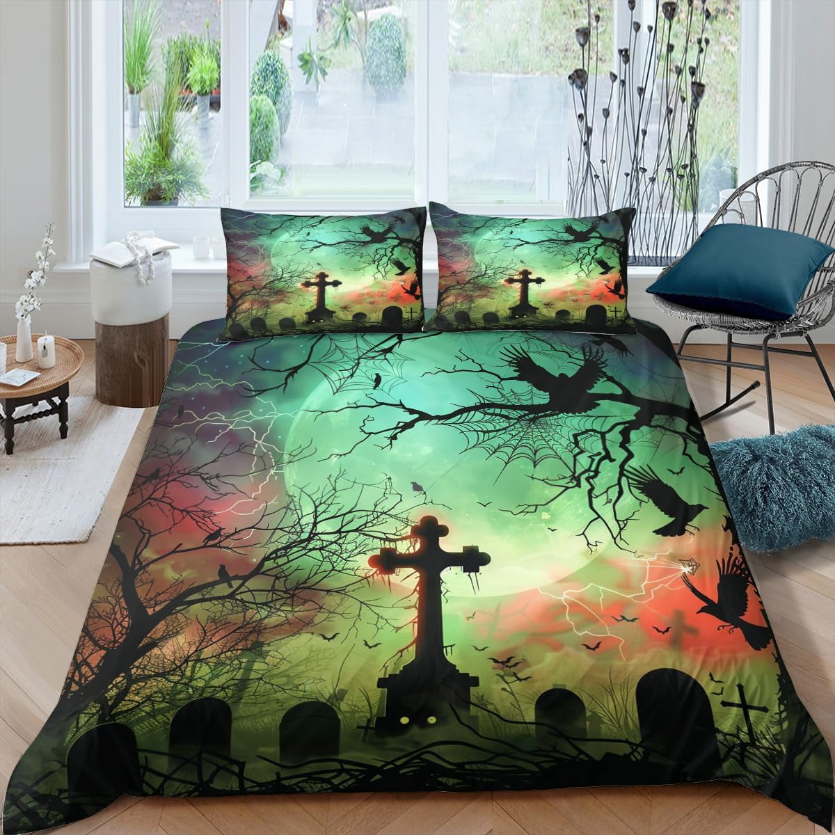 Halloween Duvet Cover Tombstone Duvet Cover Set Crow Comforter Cover ...