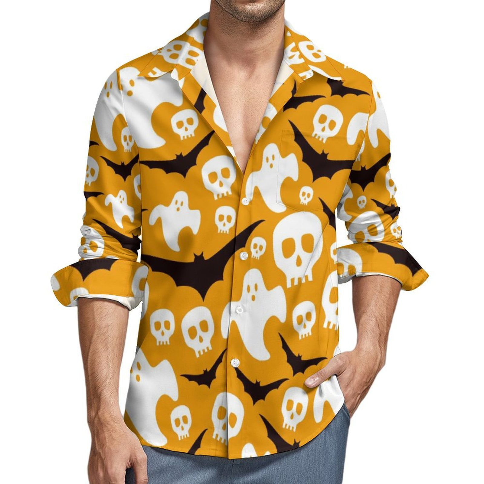 Halloween Elements Bat Mens Long Sleeve Button Down Shirts, Casual Men ...