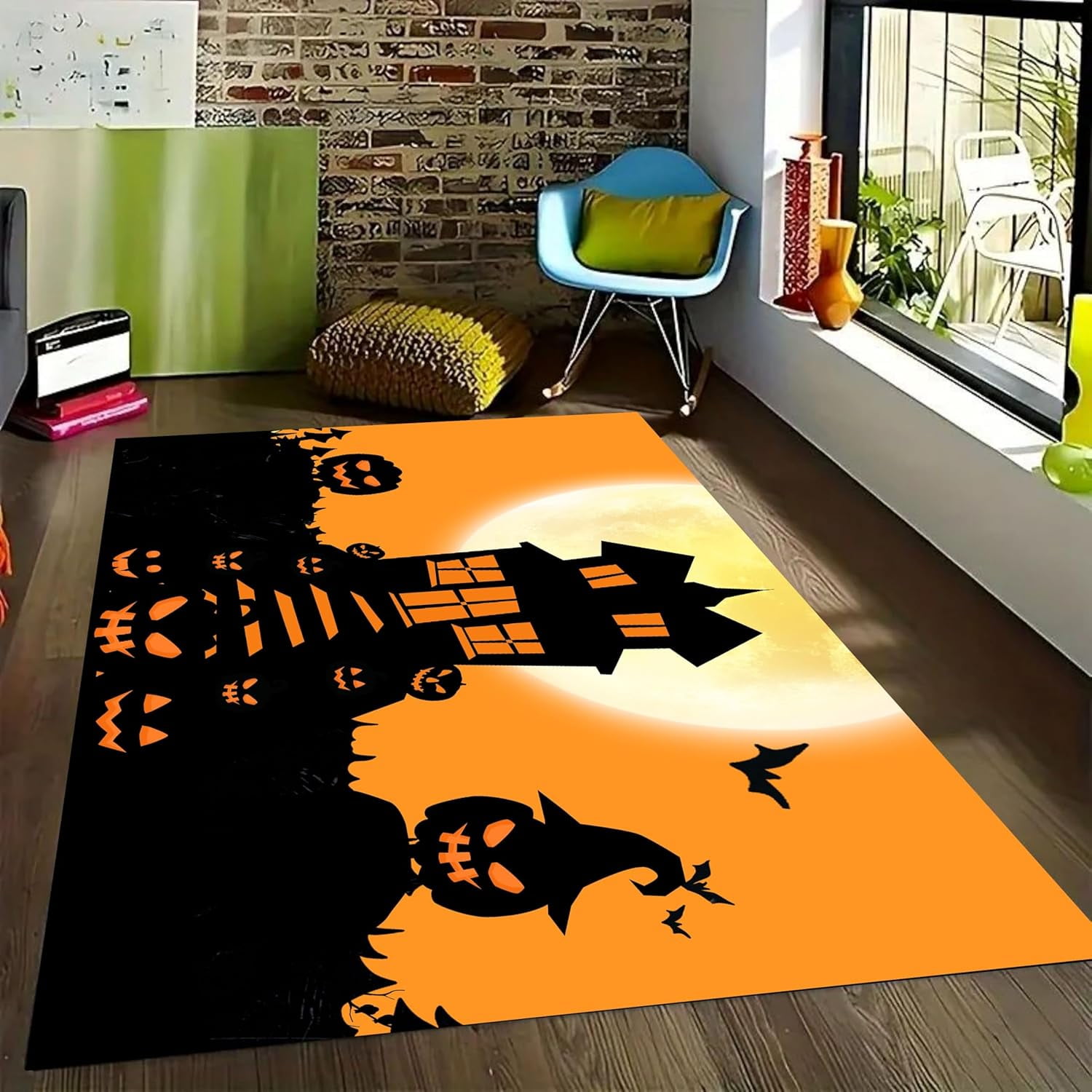 Halloween Evil Pumpkin Area Rug, Black Bat Castle Trees Rug, Boys And ...
