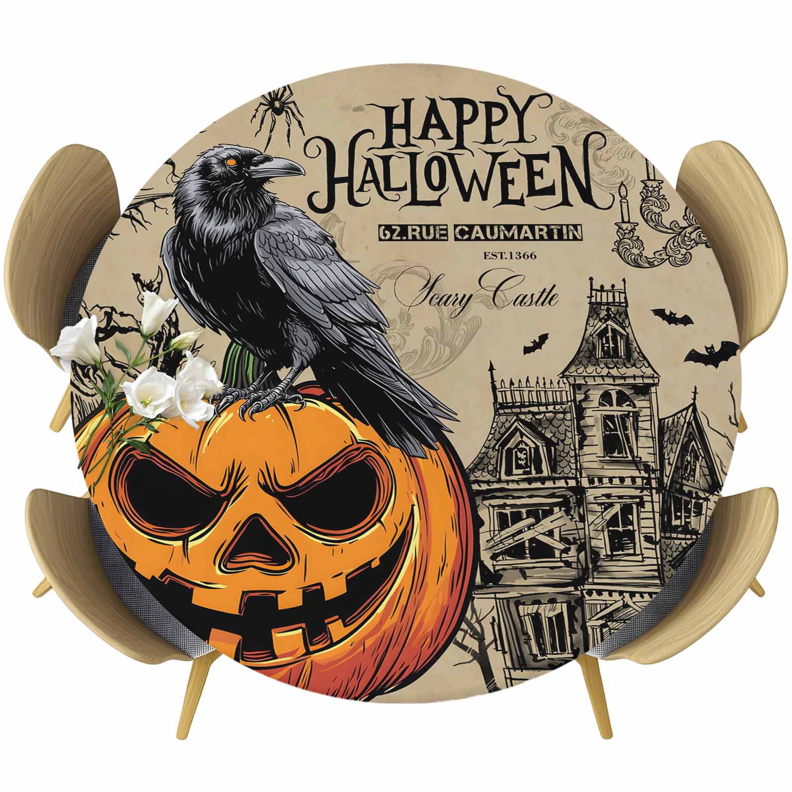 Halloween Evil Pumpkin Round Tablecloth, Fitted Table Cover with ...