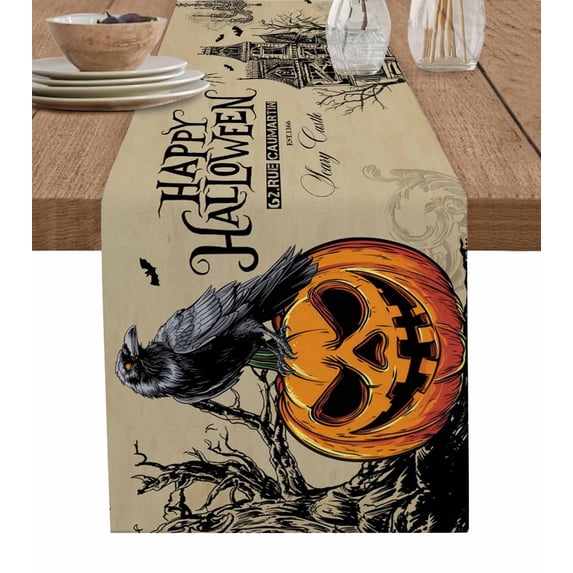 Halloween Evil Pumpkin Table Runner 72 Inches, Horror Black Crow ...