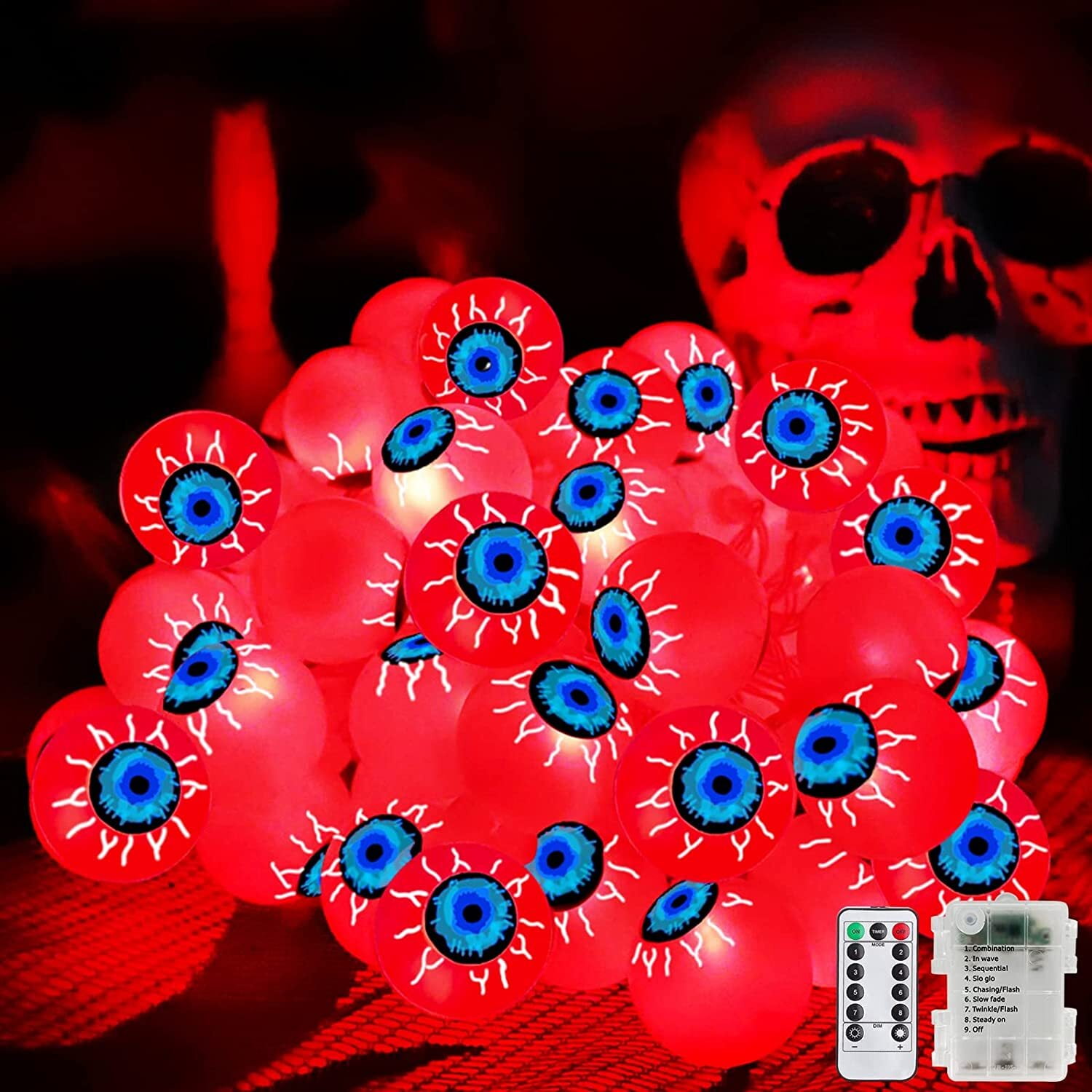 Halloween Eyeball String Lights, 15ft 30LED 8 Lighting Modes, Remote ...