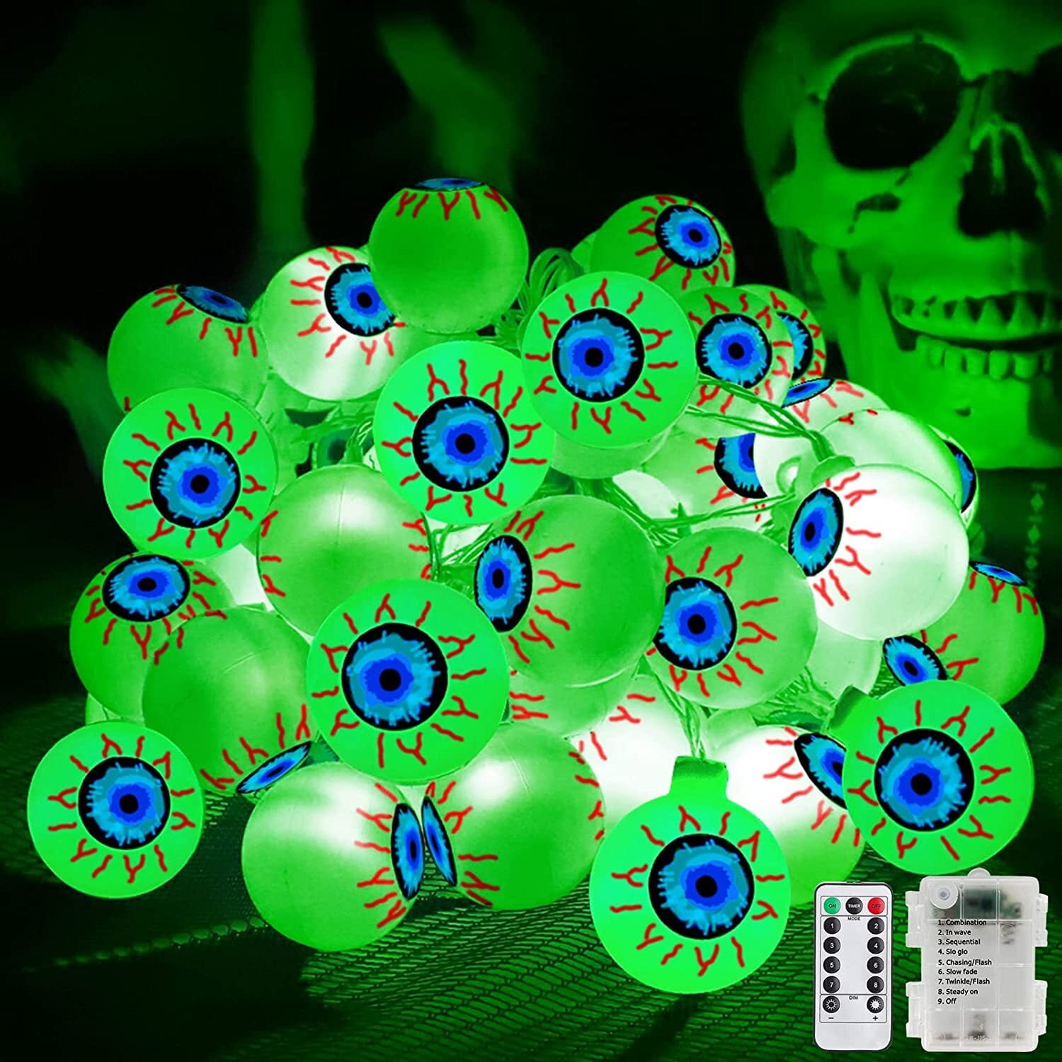Halloween Eyeball String Lights, 20ft 40LED 8 Lighting Modes, Remote ...
