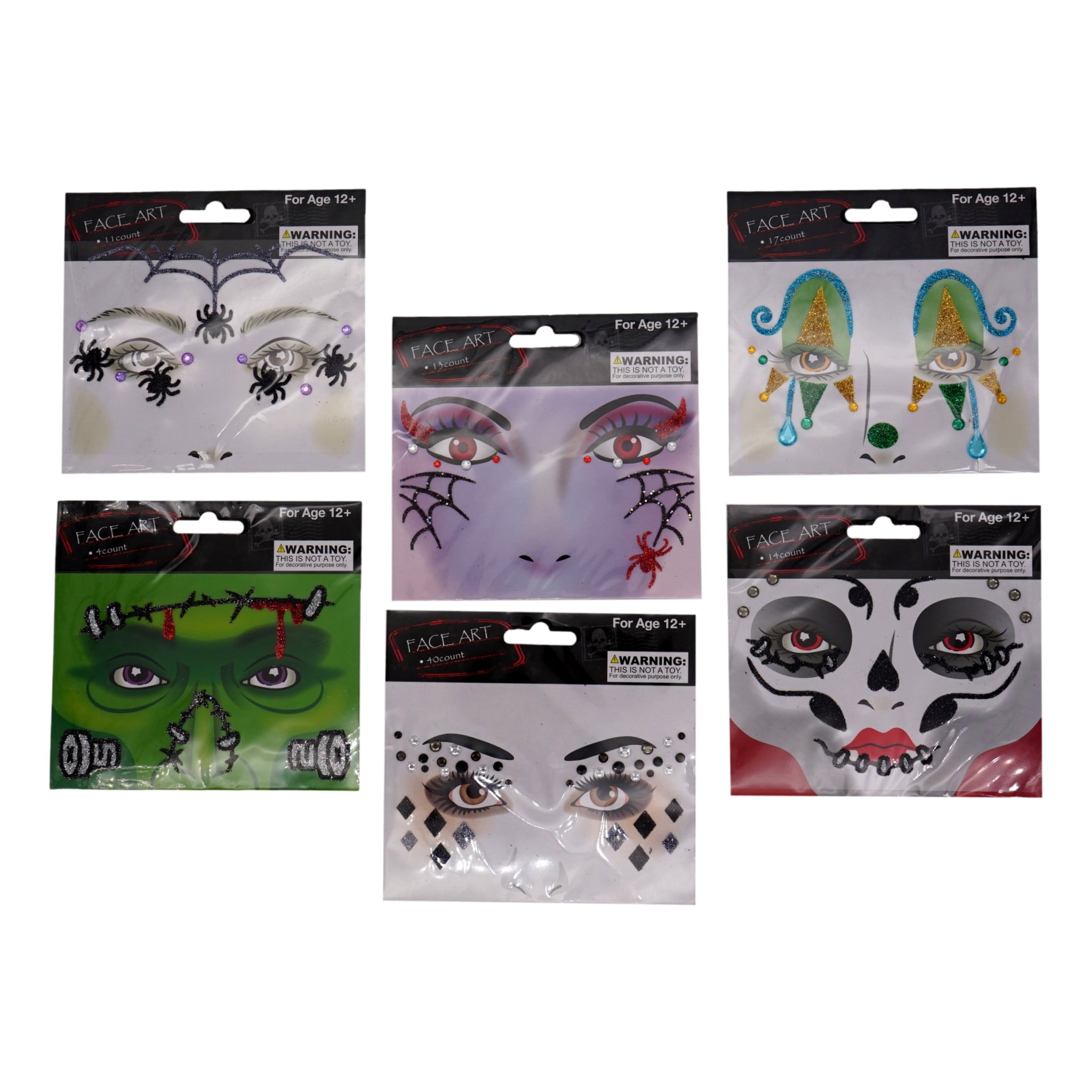 Halloween Face Art Stickers (6 Pack) Clown Sugar Skull Frankenstein ...
