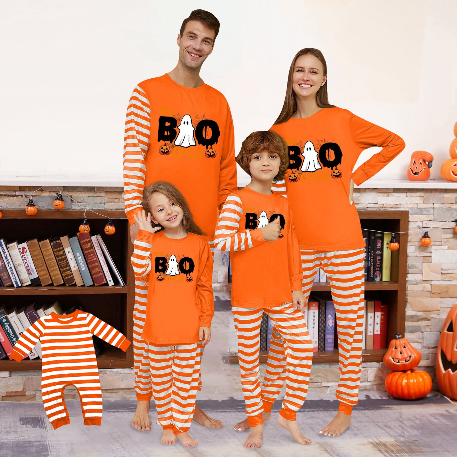 Halloween Family Pajamas Matching Set – Orange Long Sleeve Top with ...