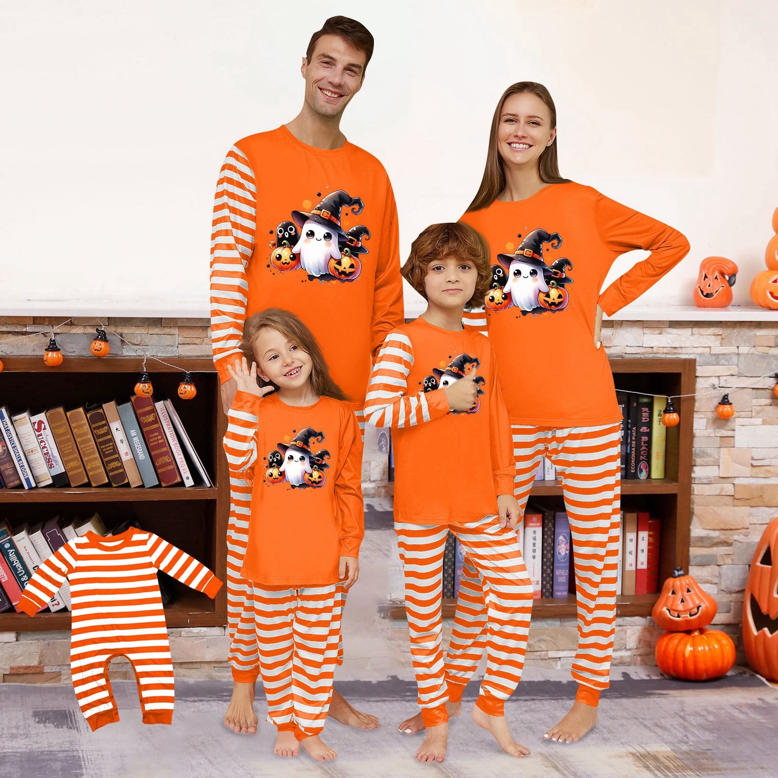 Halloween Family Pajamas Matching Set – Orange Long Sleeve Top with ...