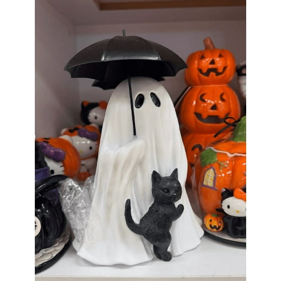 Halloween Figurine Ghost Holding Umbrella with Black Cat Decor ...