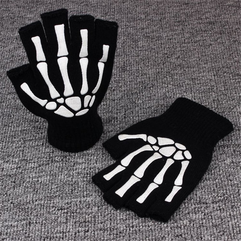 Halloween Fingerless Skeleton Fingers Gloves Black Gothic Punk Gloves ...