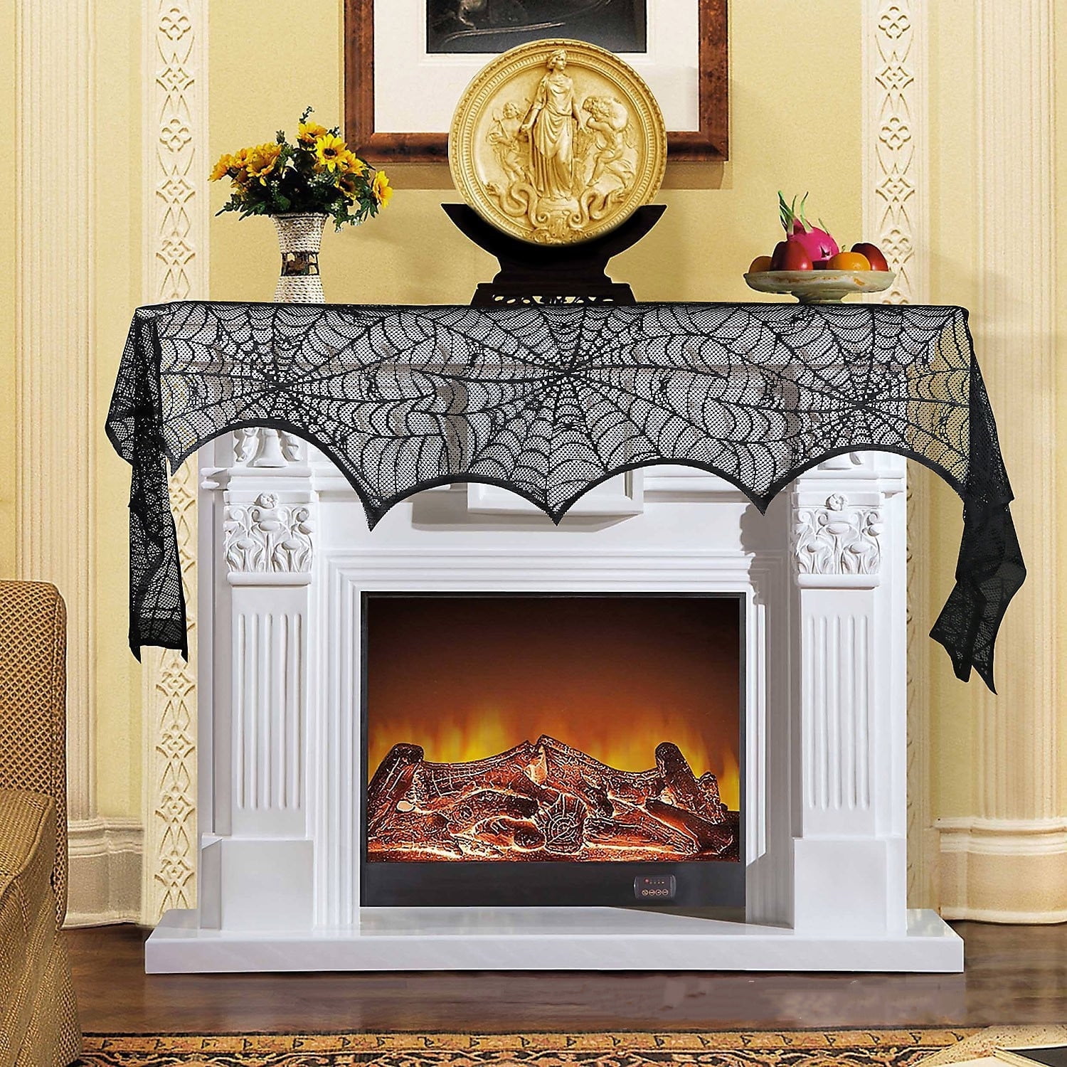 Tgnazet Halloween Fireplace Scarf, 18x96 inch, Black Lace Spiderweb ...