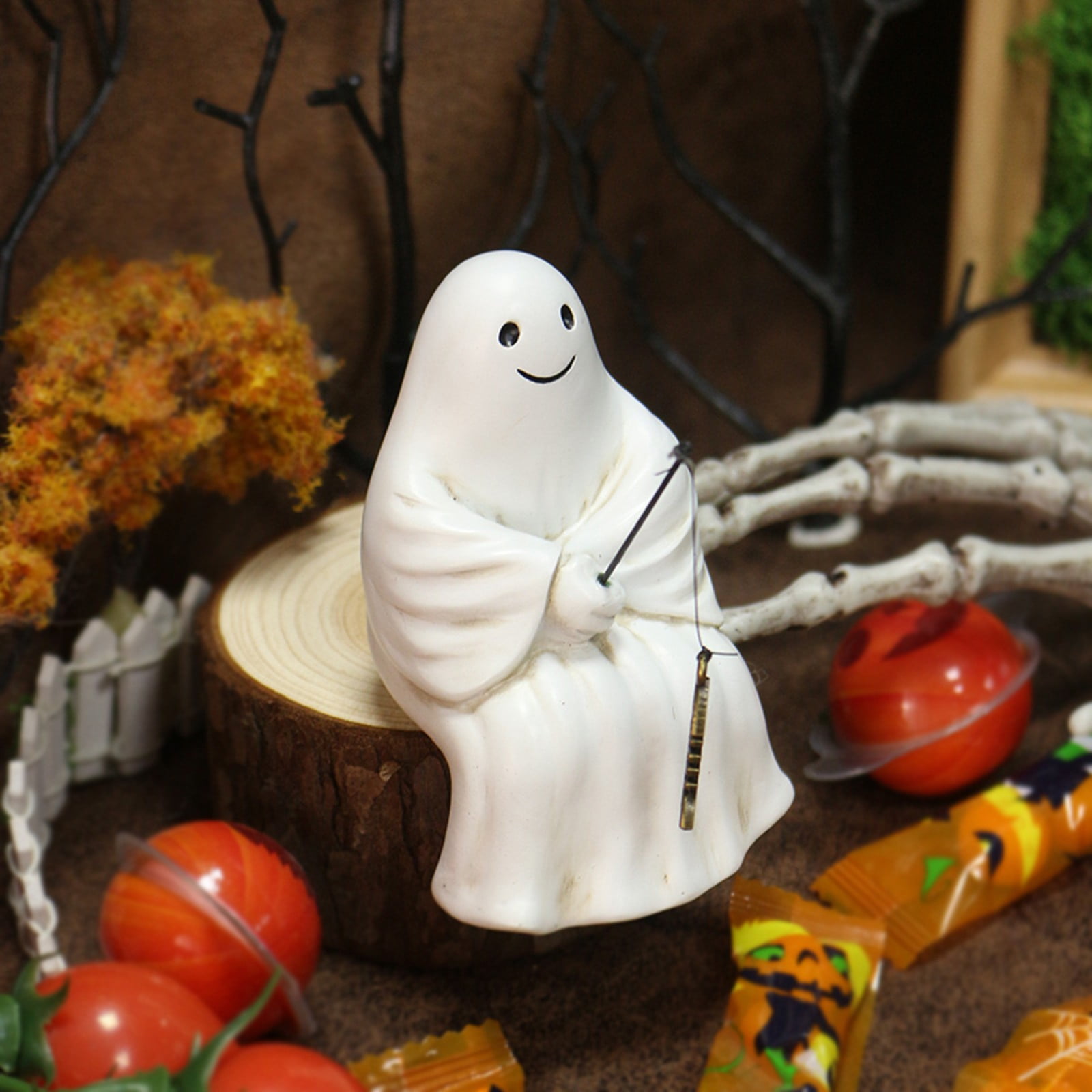 Halloween Fishing Decor: Smiling Ghost Angler with Glowing Fishbone ...