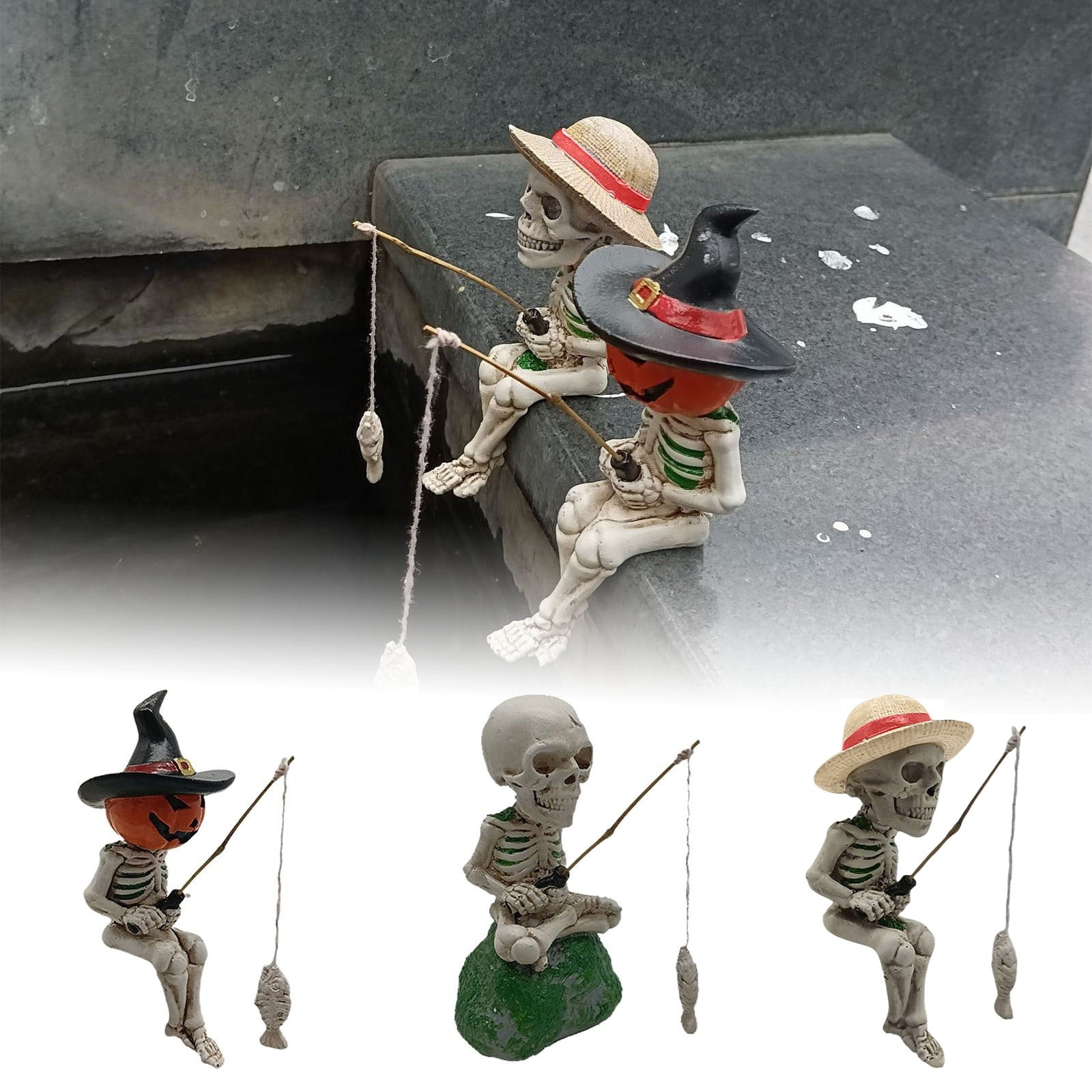 Halloween Fishing Skeleton Mini Skeleton Figurines Statue Decor Garden ...