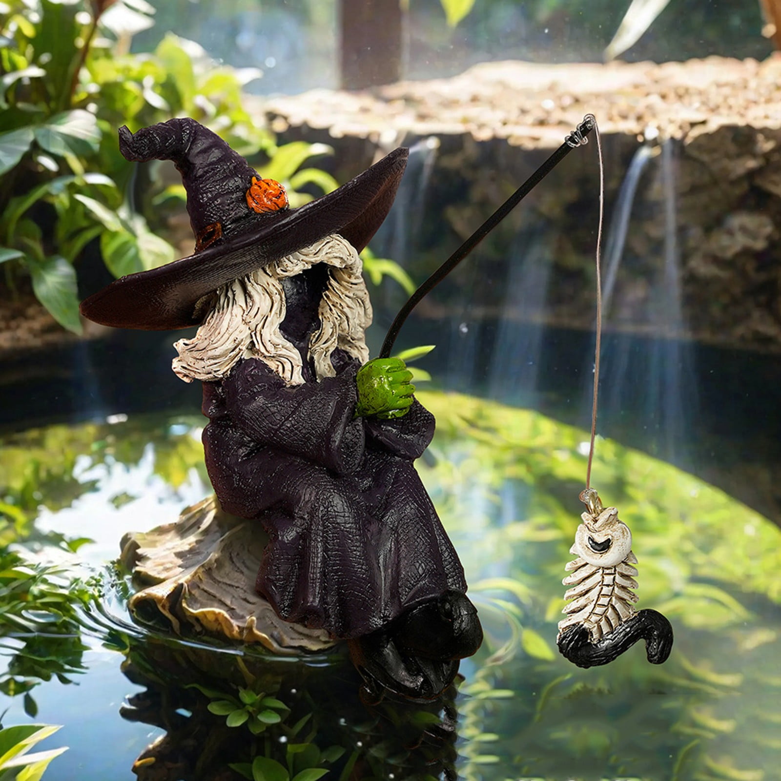 Halloween Fishing Witch Statue, Resin Fishing Witch Figurine, 5-inch ...