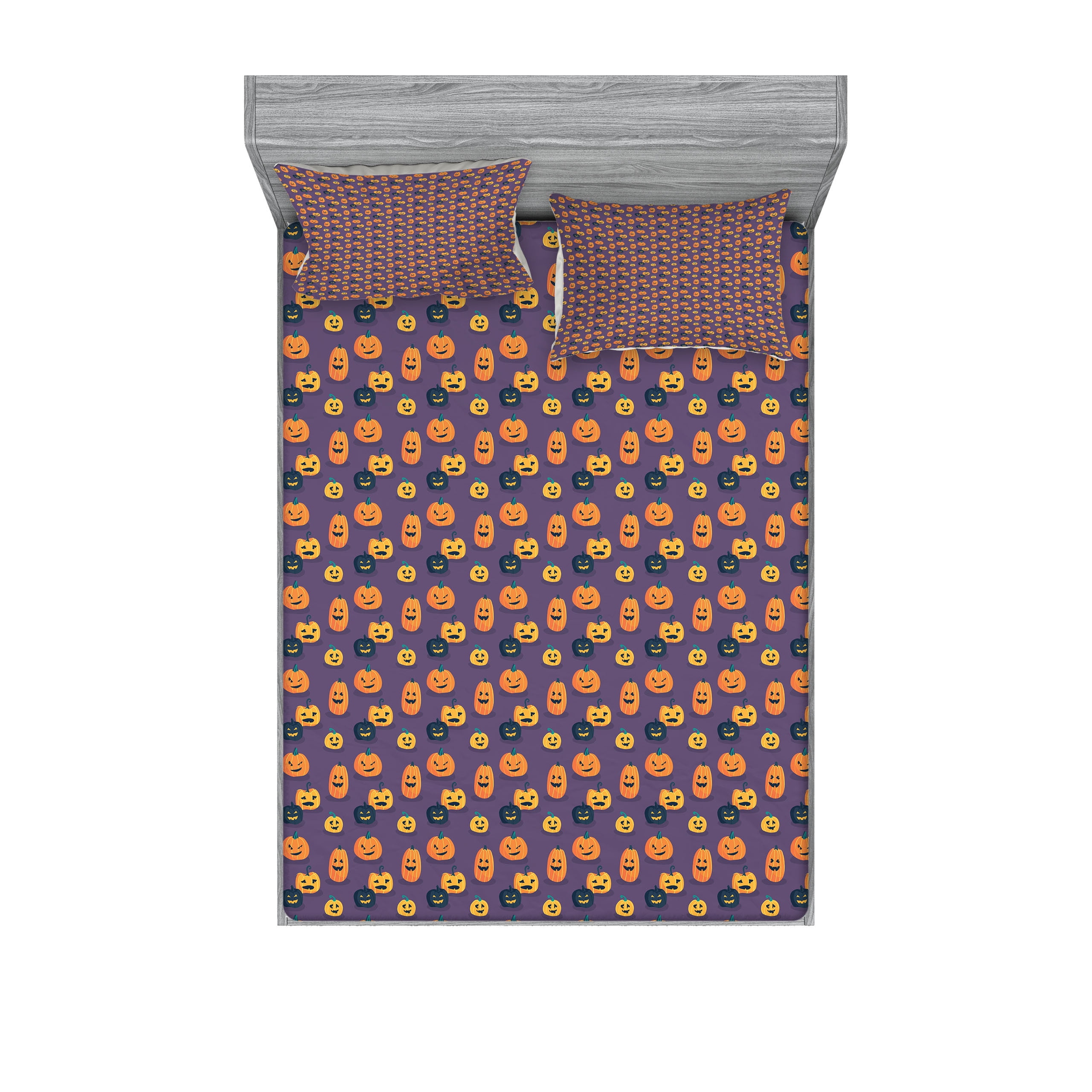 Halloween Fitted Sheet & Pillow Sham Set, Spooky Pumpkins Funny Evil ...
