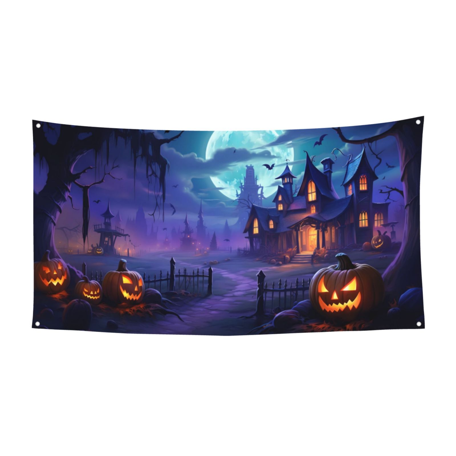 Halloween Flag - Halloween Purple Pumpkin Castle Flag 35x70 Inch With ...