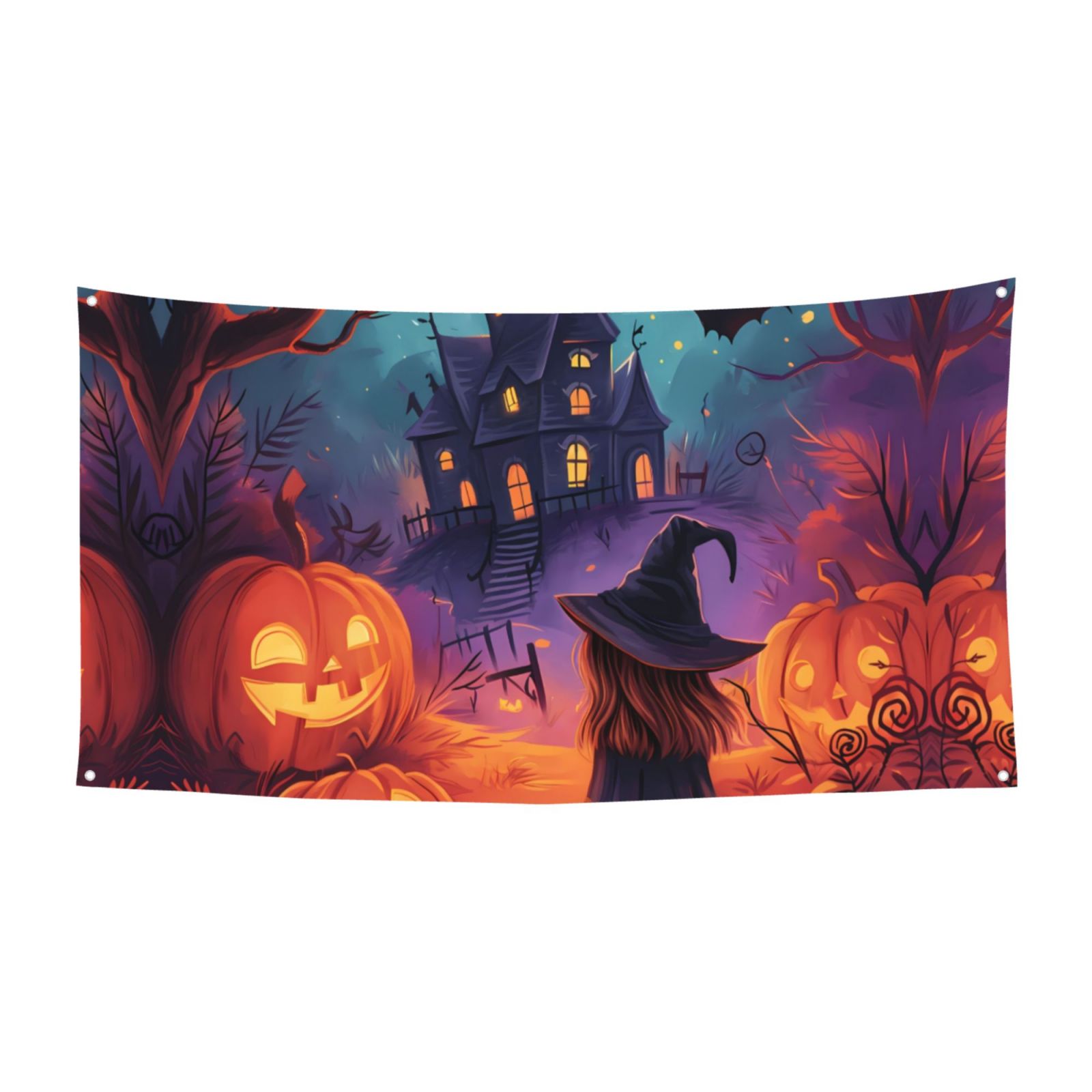 Halloween Flag - Halloween Pumpkin Castle Witch Flag 35x70 Inch With ...
