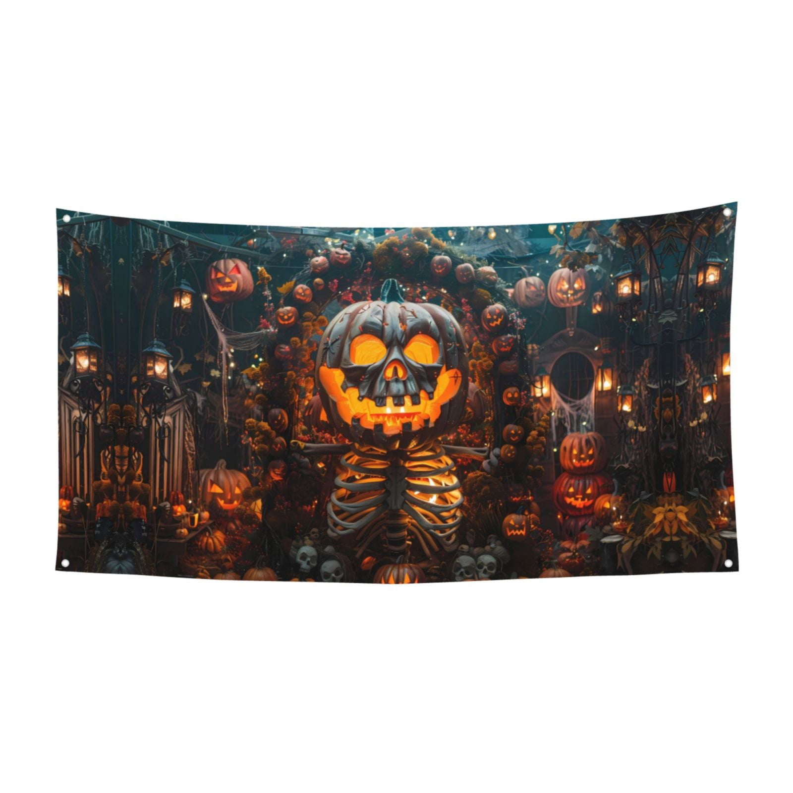 Halloween Flag - Halloween Pumpkin Skeleton Flag 35x70 Inch With Four ...