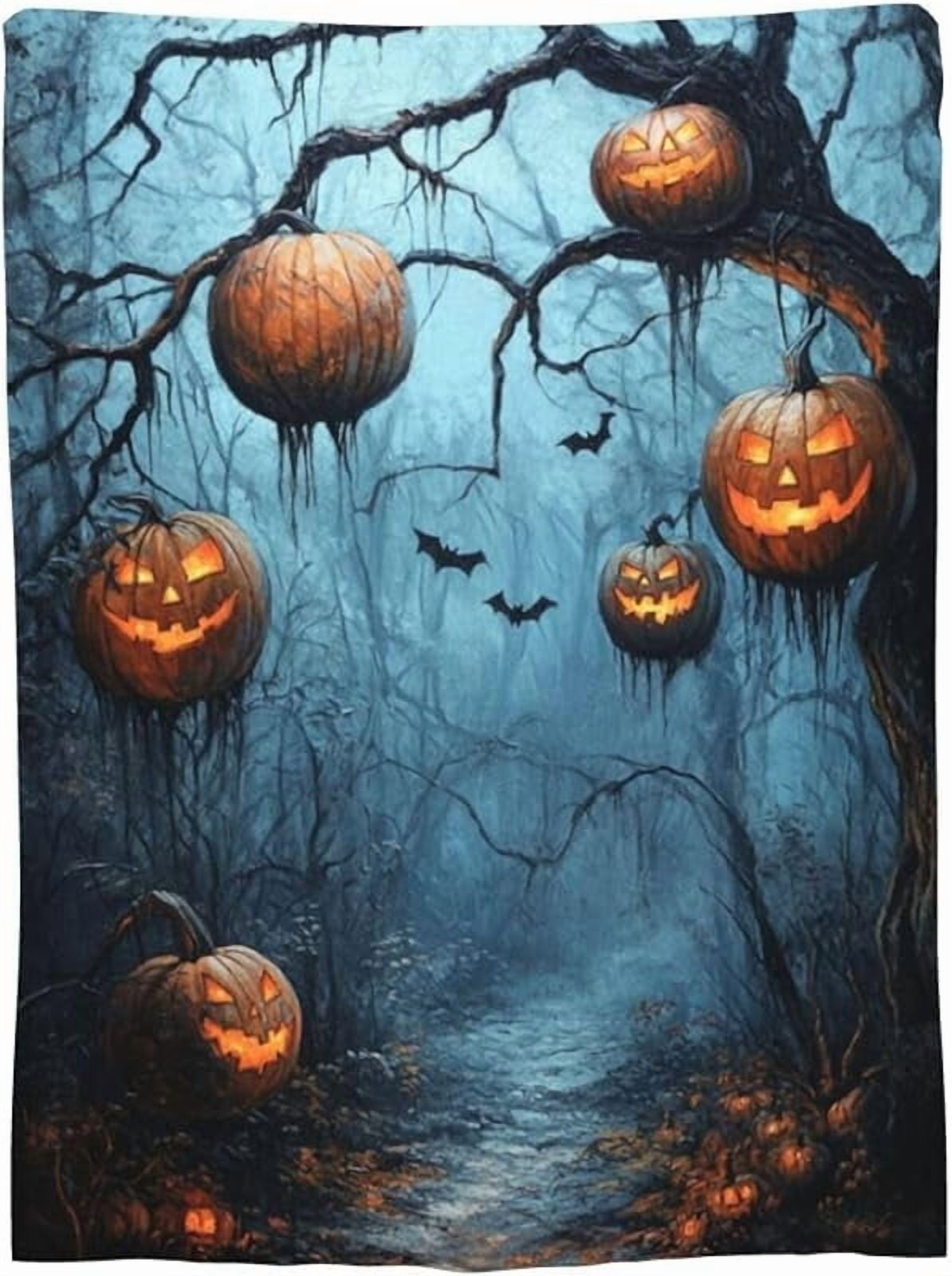Halloween Flannel Throw Blanket,Pumpkins and Haunted Houses Pattern ...