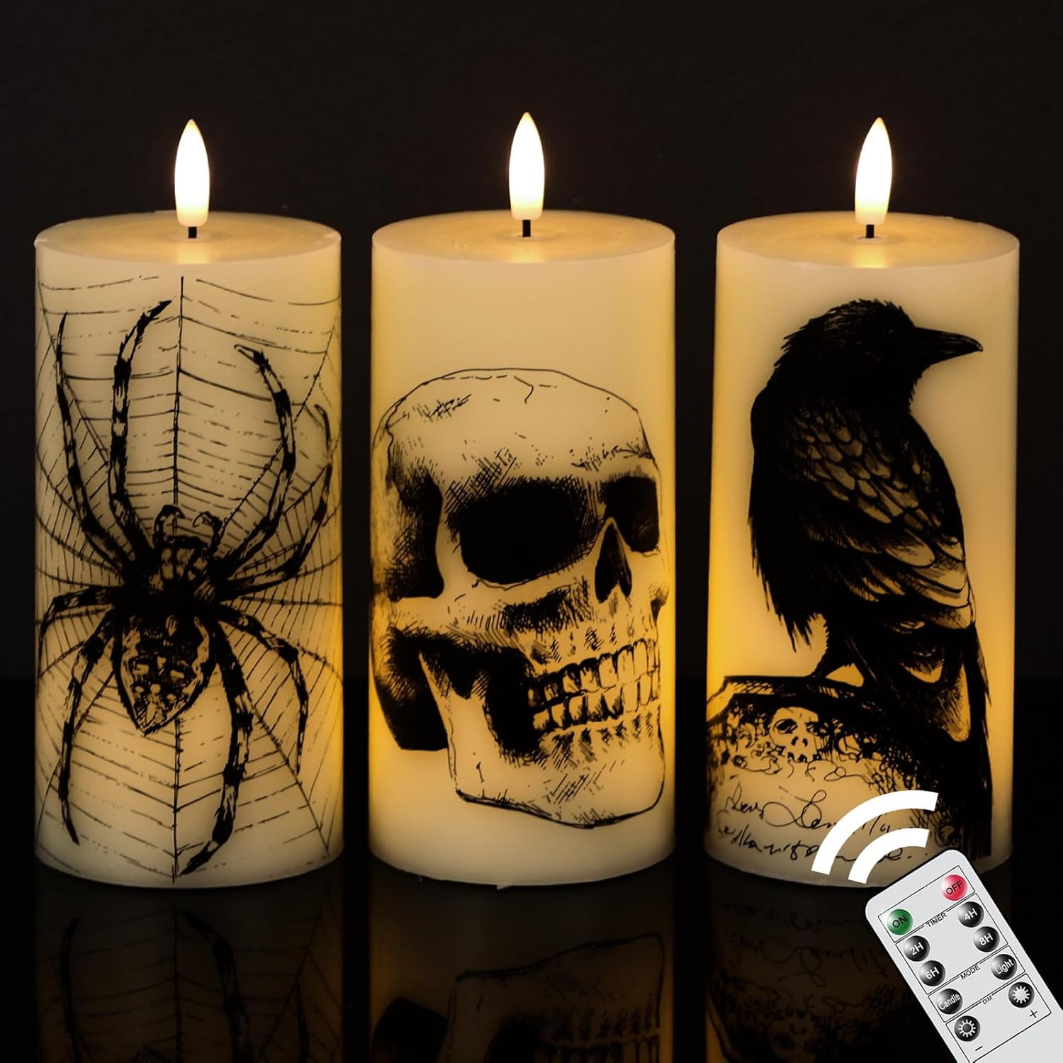 Halloween Flickering Candles Remote with Skull, Spider Web, Crow Raven ...