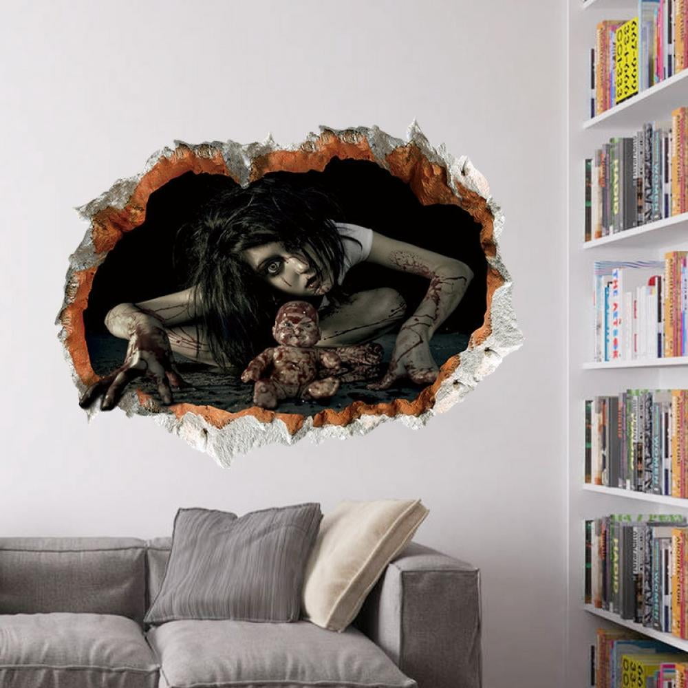 Halloween Wall Decor 3D Ghost Floor Wall Ceiling Stickers Peel and Stick Wall Decals Horror Halloween Bats Wallpaper Window Clings Bar Pub Party Halloween Decorations for Home Bedroom Living Room Walm...