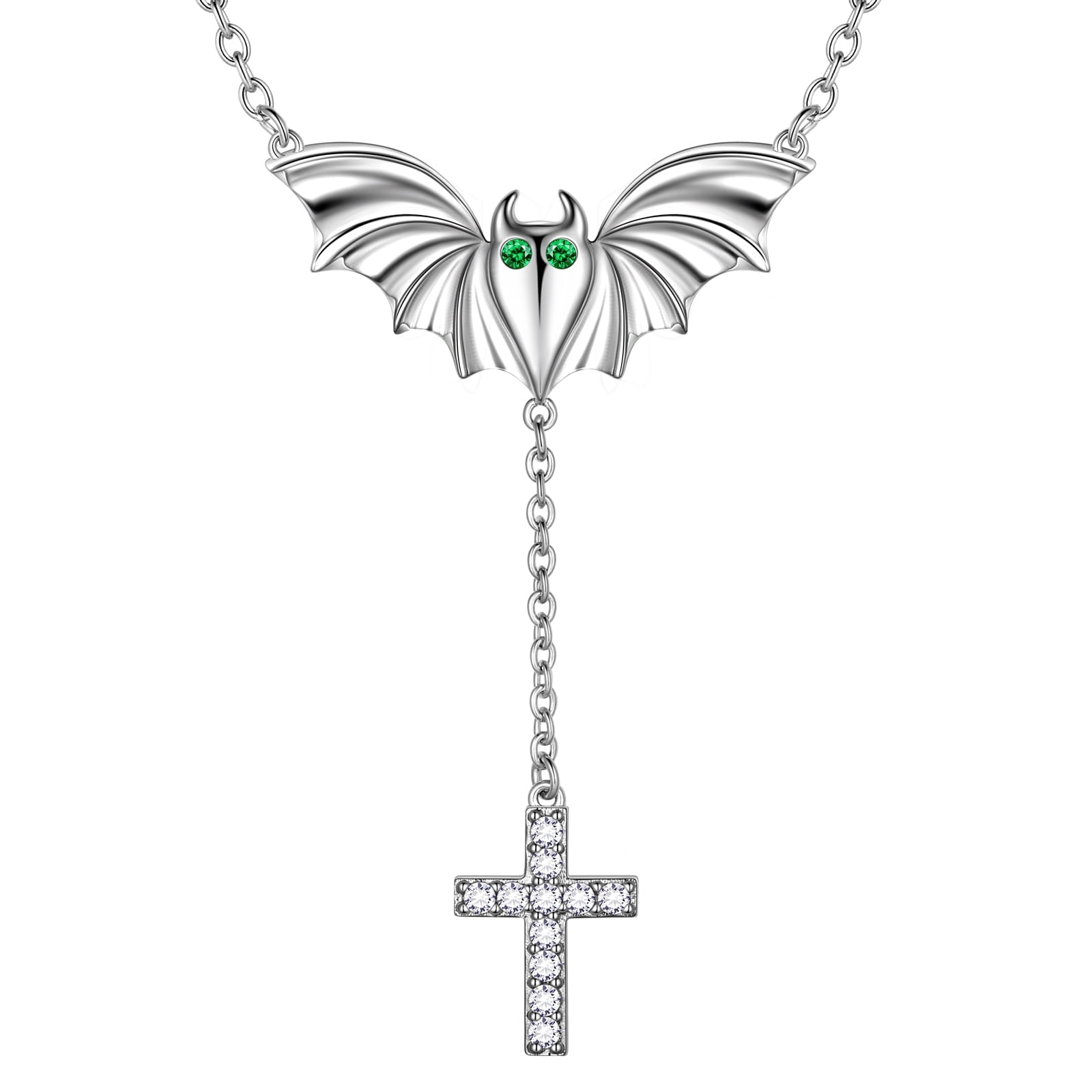 Halloween Flying Bat & Cross Necklace Silver Plated Gothic Statement ...