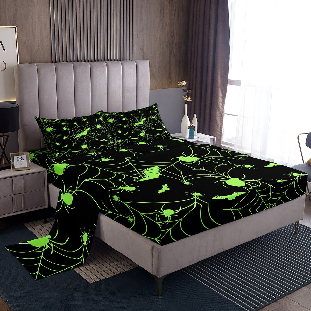 Halloween Full Size Bed Sheets Set Neon Green Spider Web Sheet Set ...