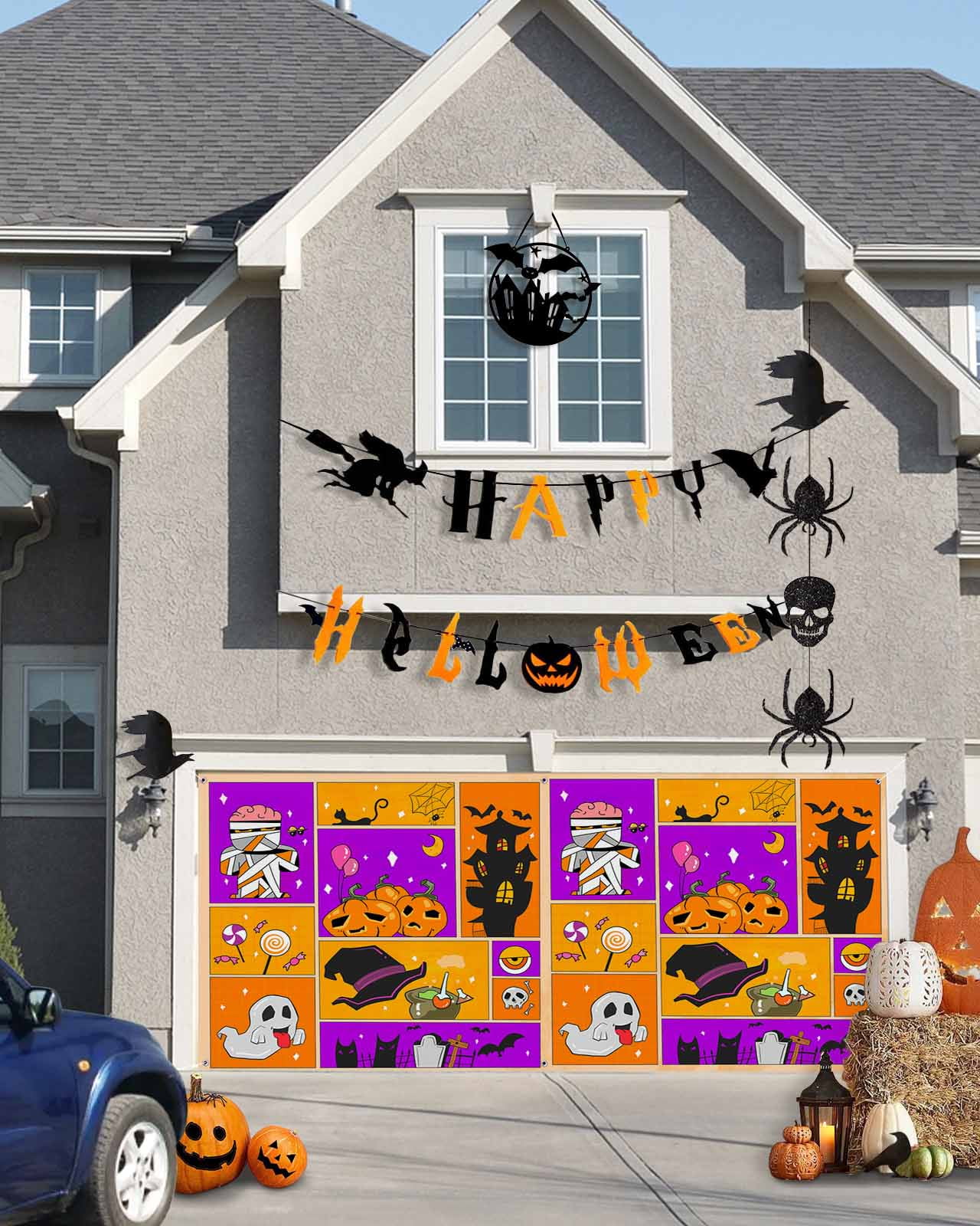 Halloween Garage Door Banner Cover 7 x 16 ft, Hallowmas Pumpkin Purple ...