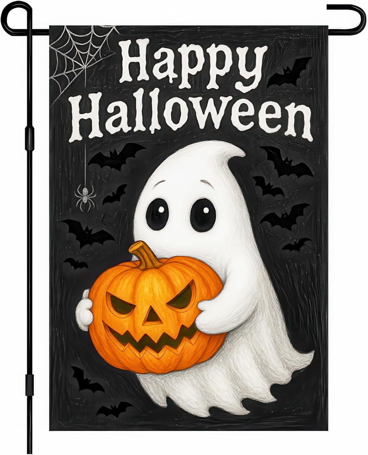 Halloween Garden Flag 12x18 Inch Ghost and Pumpkin Cute Spooky Outdoor ...