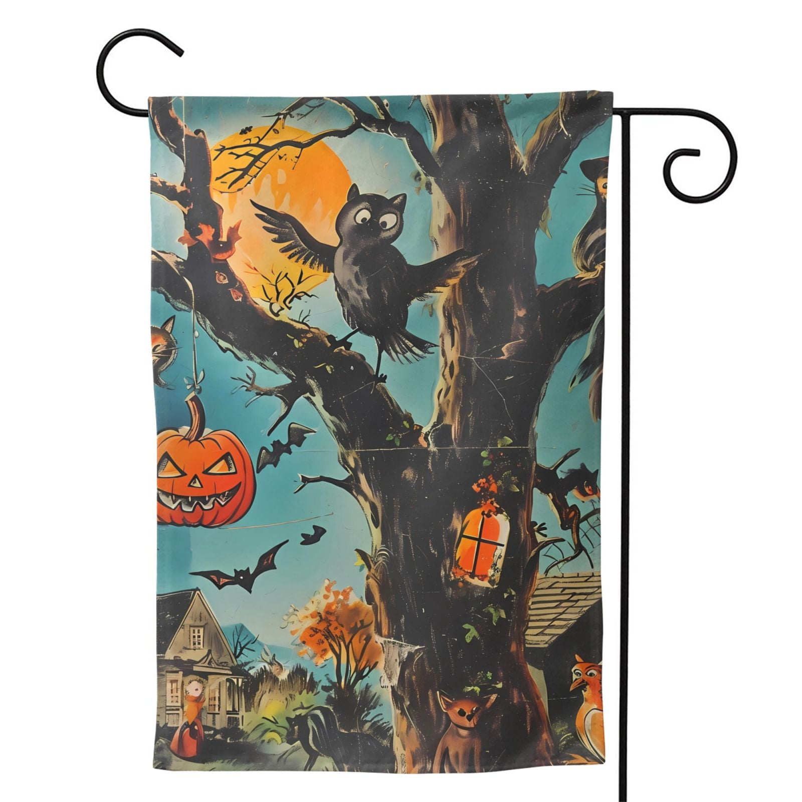 Halloween Garden Flag, Halloween Tree Branch Village Double Sided House ...