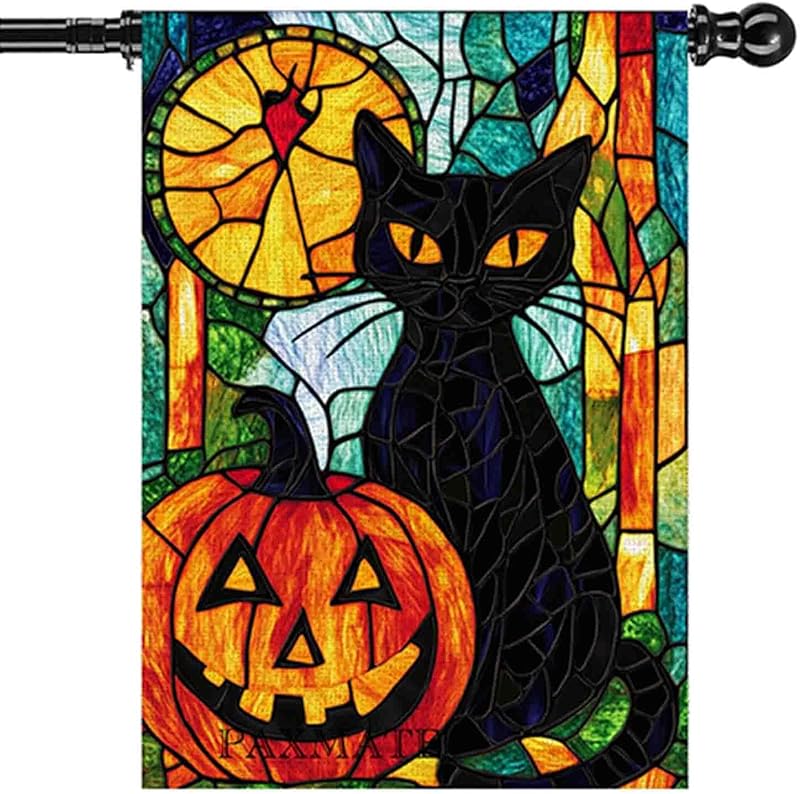Halloween Garden Flags for Outside Double Sided Stained Glass Black Cat ...