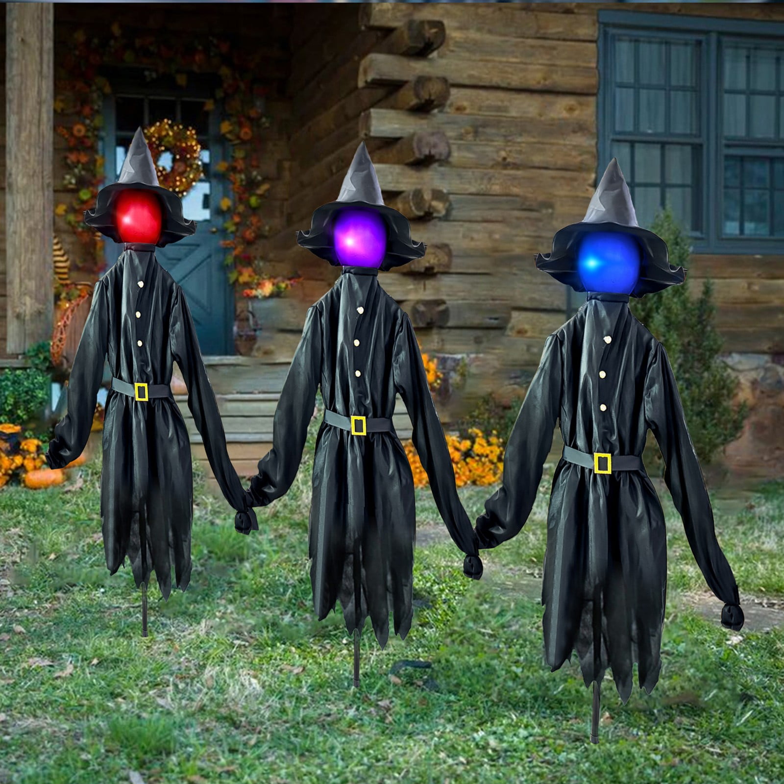 Halloween Garden Stake Decorations - Halloween Witch Holding Hands Three Colorful Luminous ...