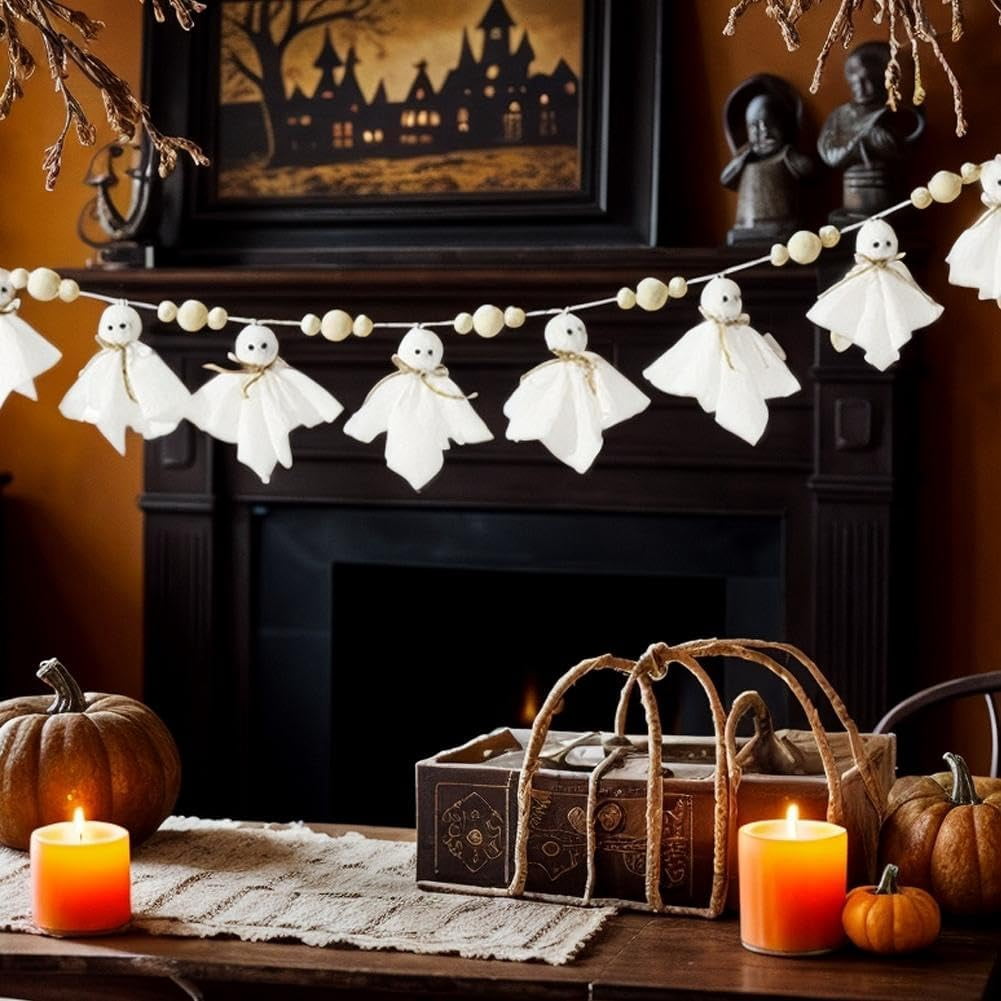 Halloween Garlands Decoration,Spooky Ghost Garland with Wooden Bead ...