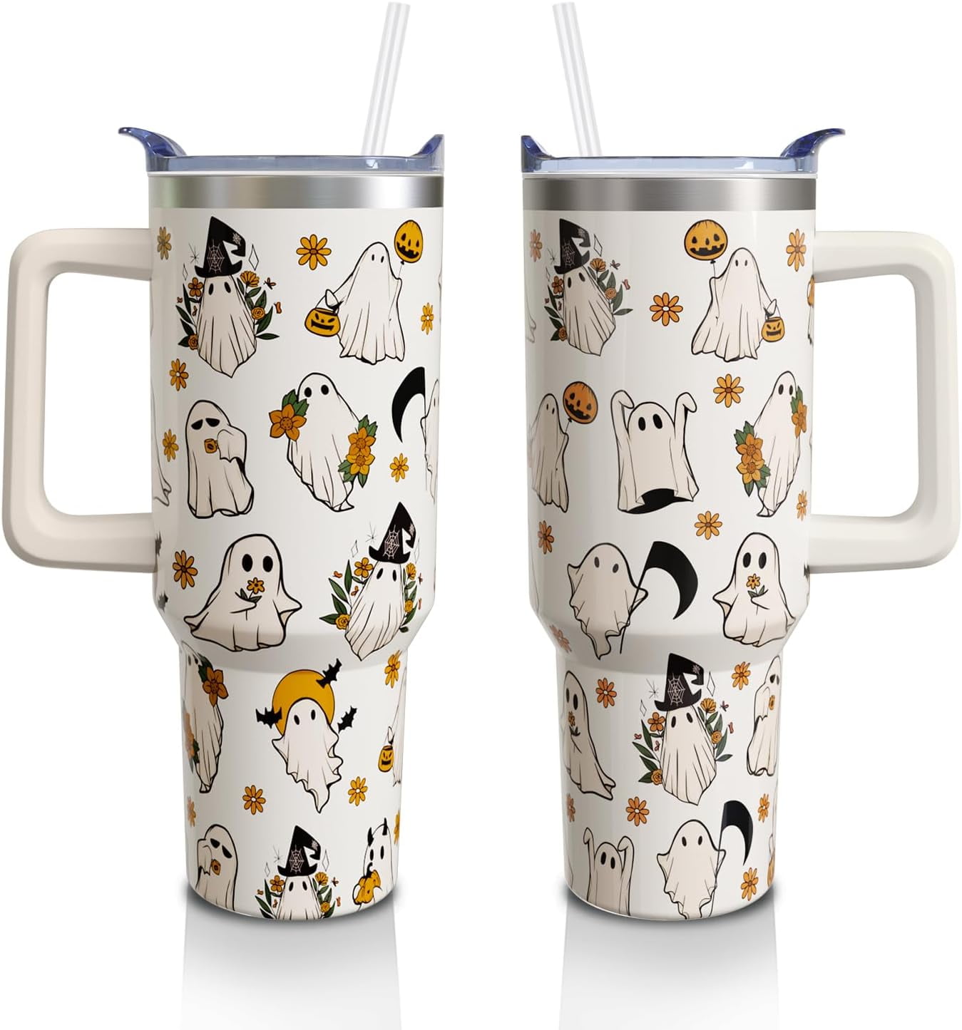 Halloween Ghost 40 Oz Tumbler With Handle and Straw, Cute Flower Spooky ...