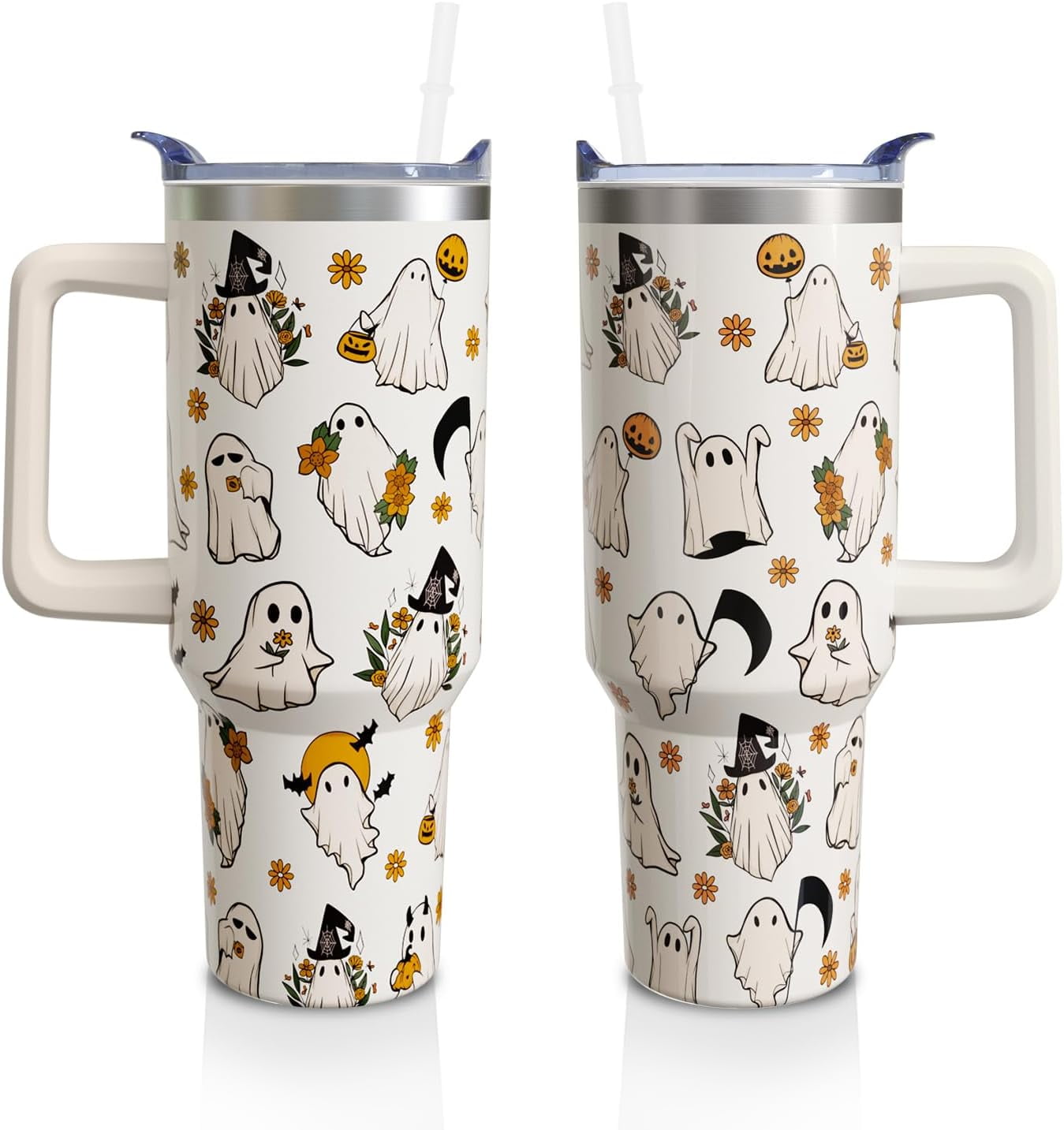 Halloween Ghost 40 Oz Tumbler With Handle and Straw, Cute Flower Spooky ...