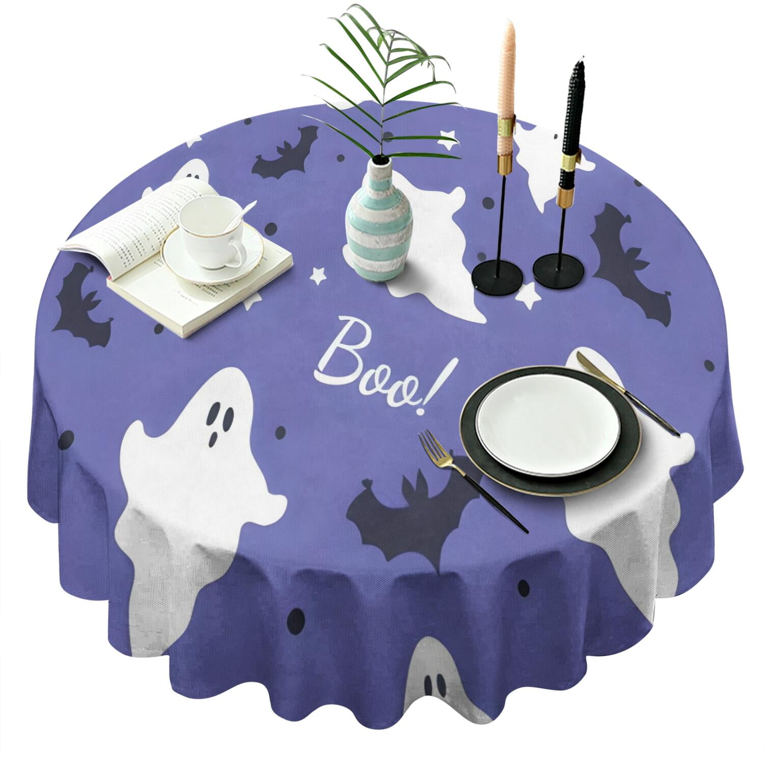 Halloween Ghosts Bats Stars and Boo Round Tablecloth 60"x60",Wrinkle ...