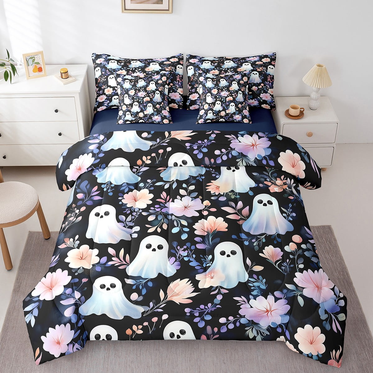 Halloween Ghost Bed In A Bag With Sheets Cute White Spooky Bedding Set ...