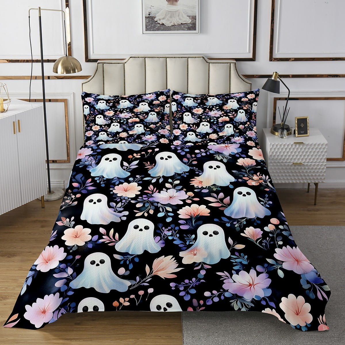 Halloween Ghost Bedspread Set Cute White Spooky Twin Size Coverlet Set ...