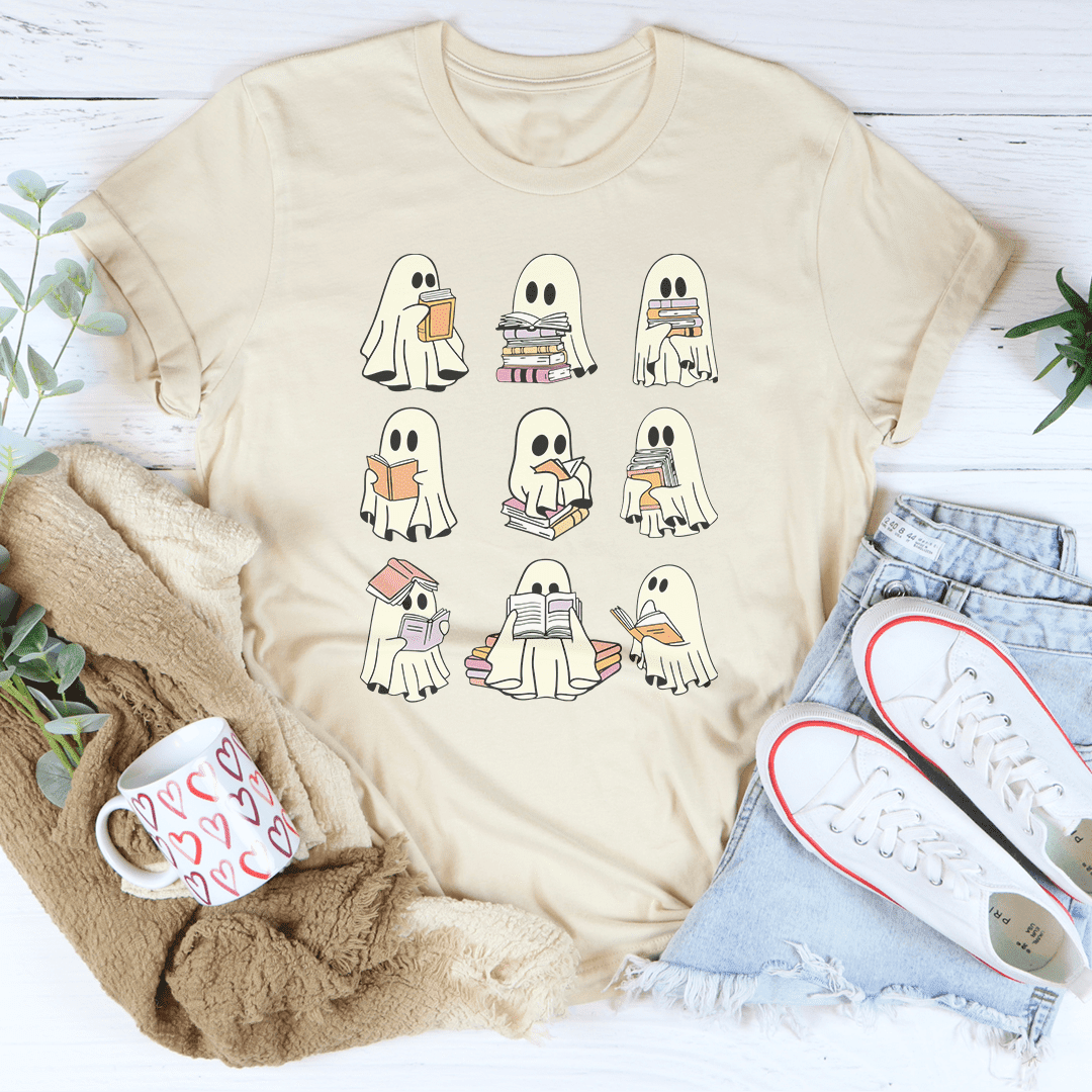Halloween Ghost Book Lover Tee Soft Cream S Peachy Sunday T-Shirt ...